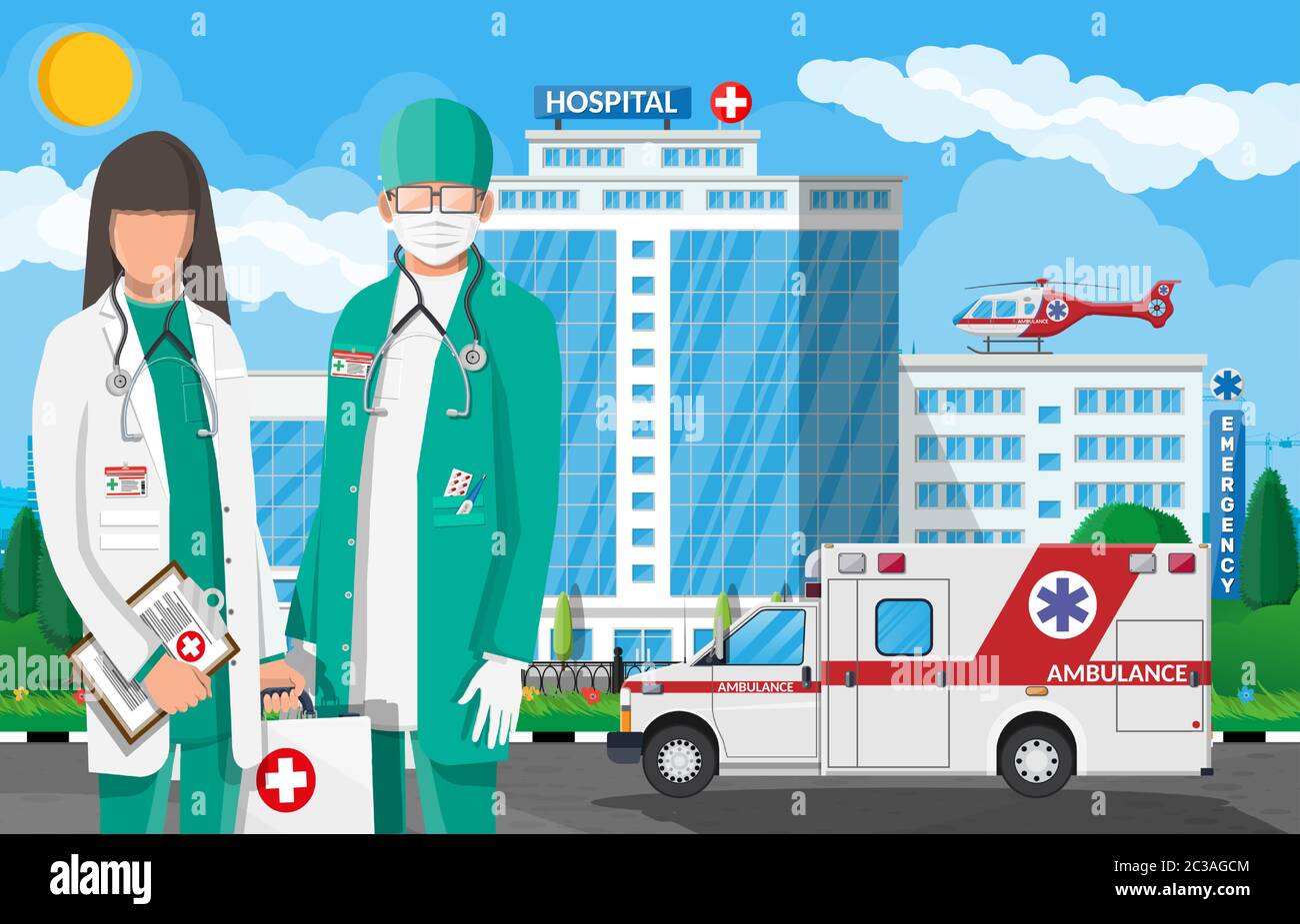 Ambulance staff concept. Hospital building, medical icon. Healthcare ...