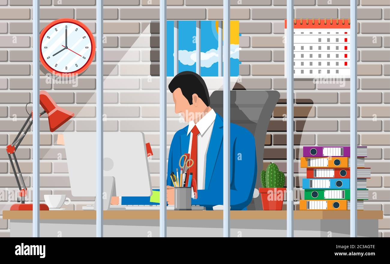 Businessman working on computer in the prison cell. Overworked business ...