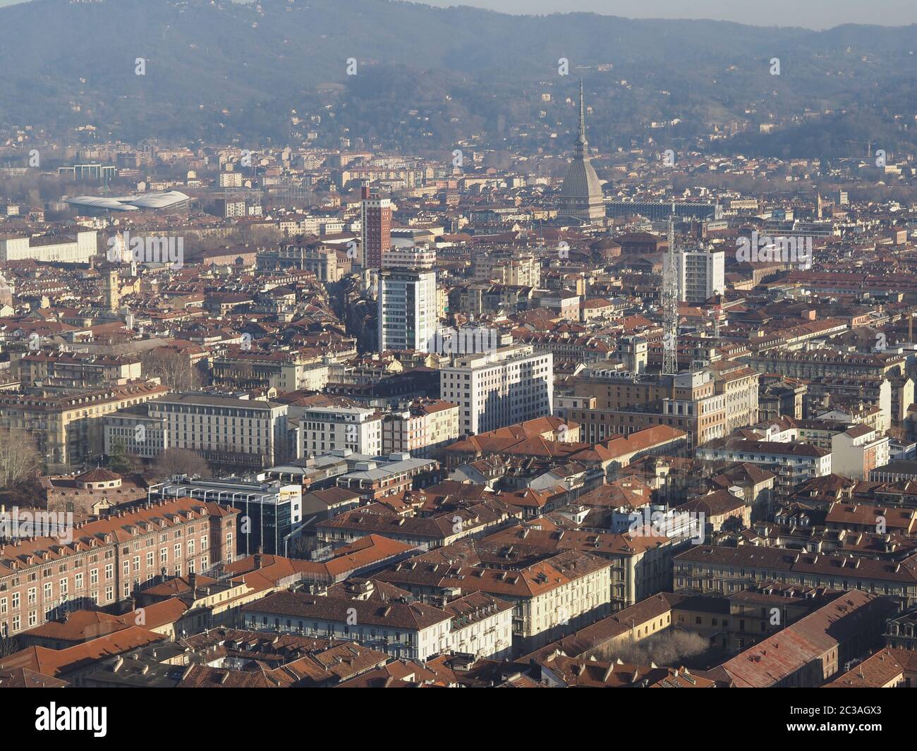 Aerial view of the city of Turin, Italy with Piazza Castello square ...