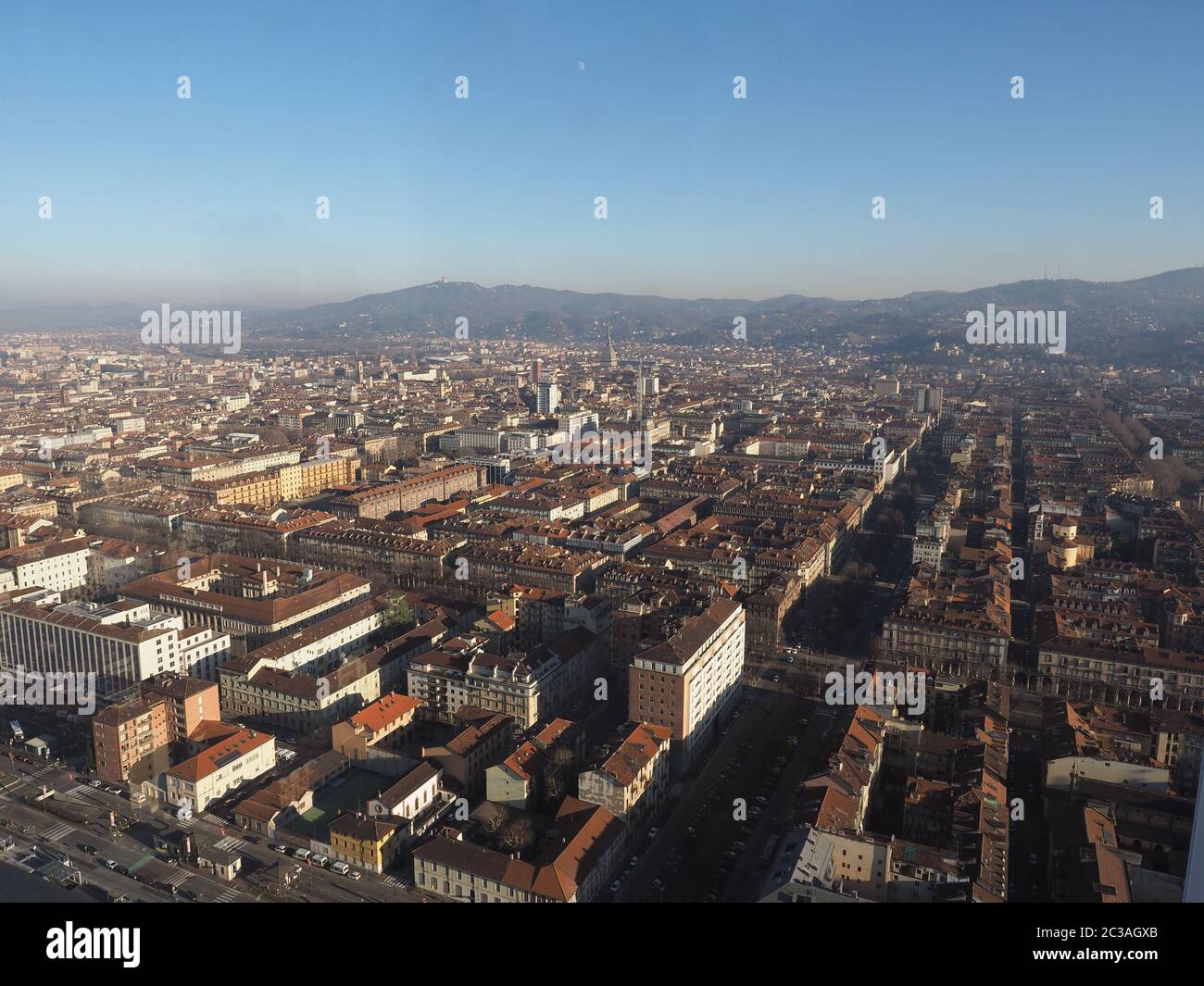 Aerial view of the city of Turin, Italy with Piazza Castello square ...