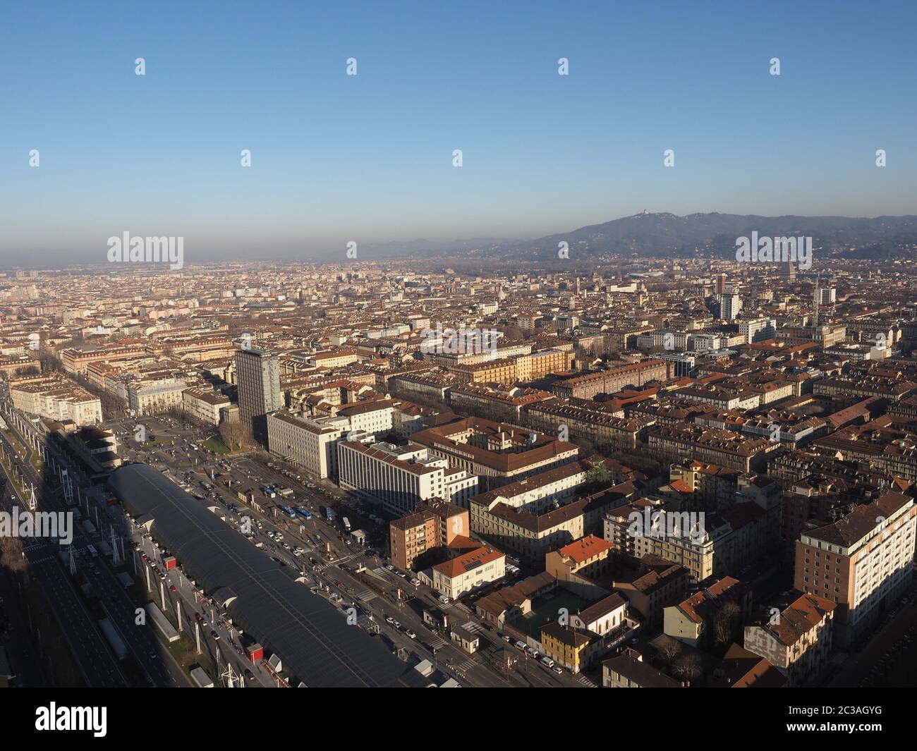 Aerial view of the city of Turin, Italy with Piazza Castello square ...