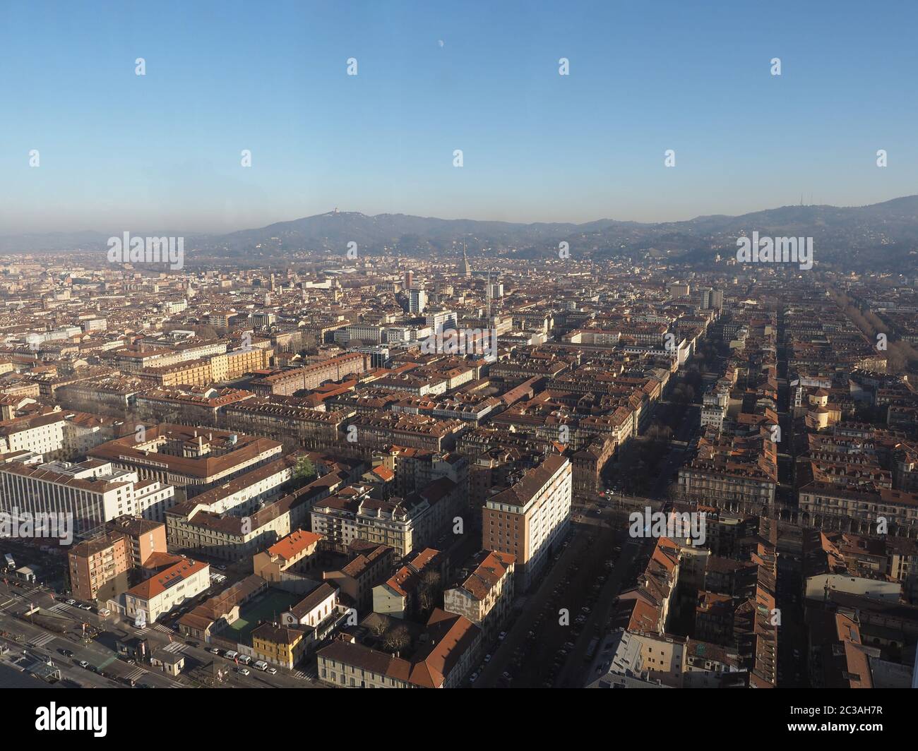 Aerial view of the city of Turin, Italy with Piazza Castello square ...