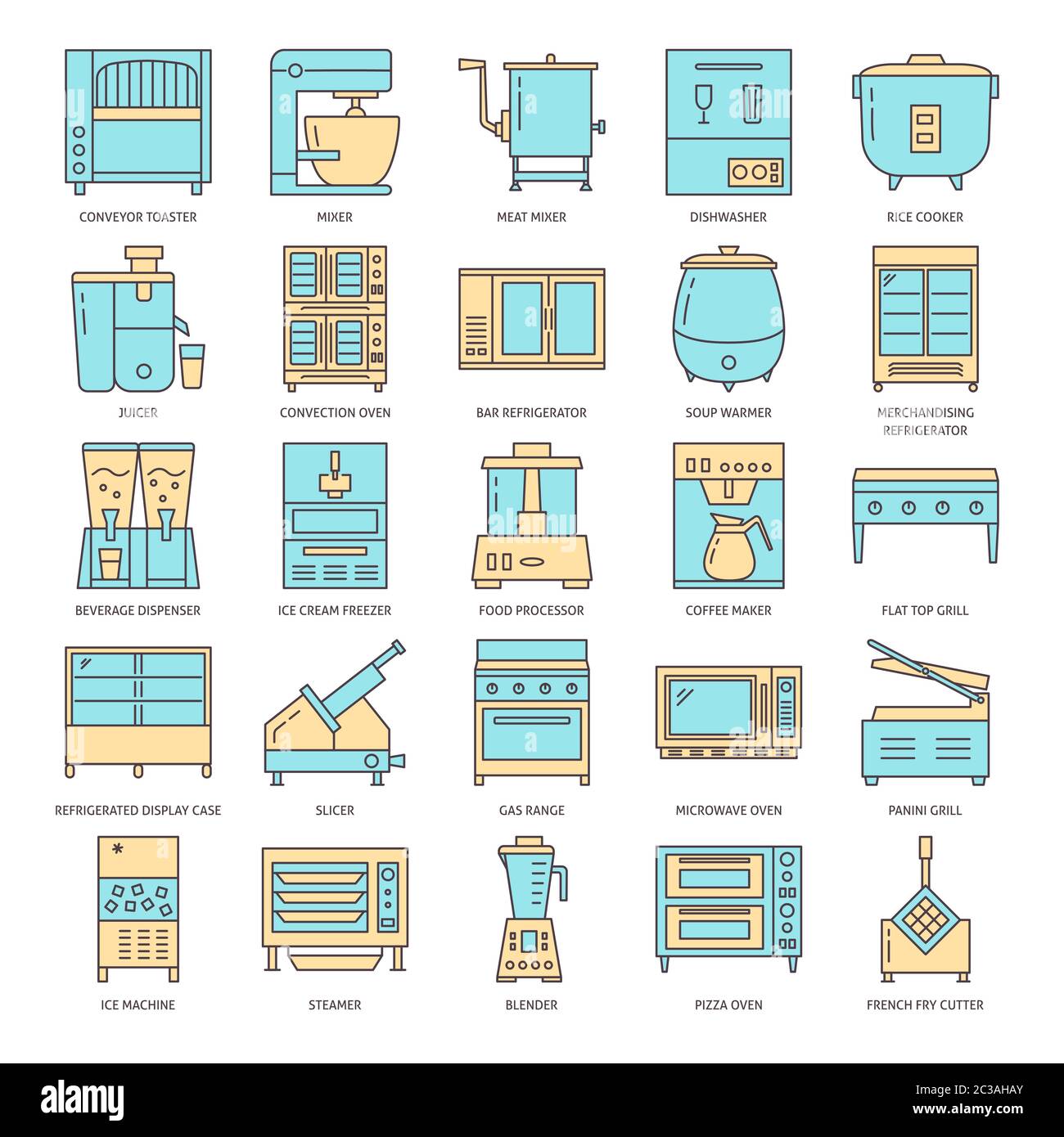 Restaurant kitchen equipment icon set in line style. Commercial cooking ...