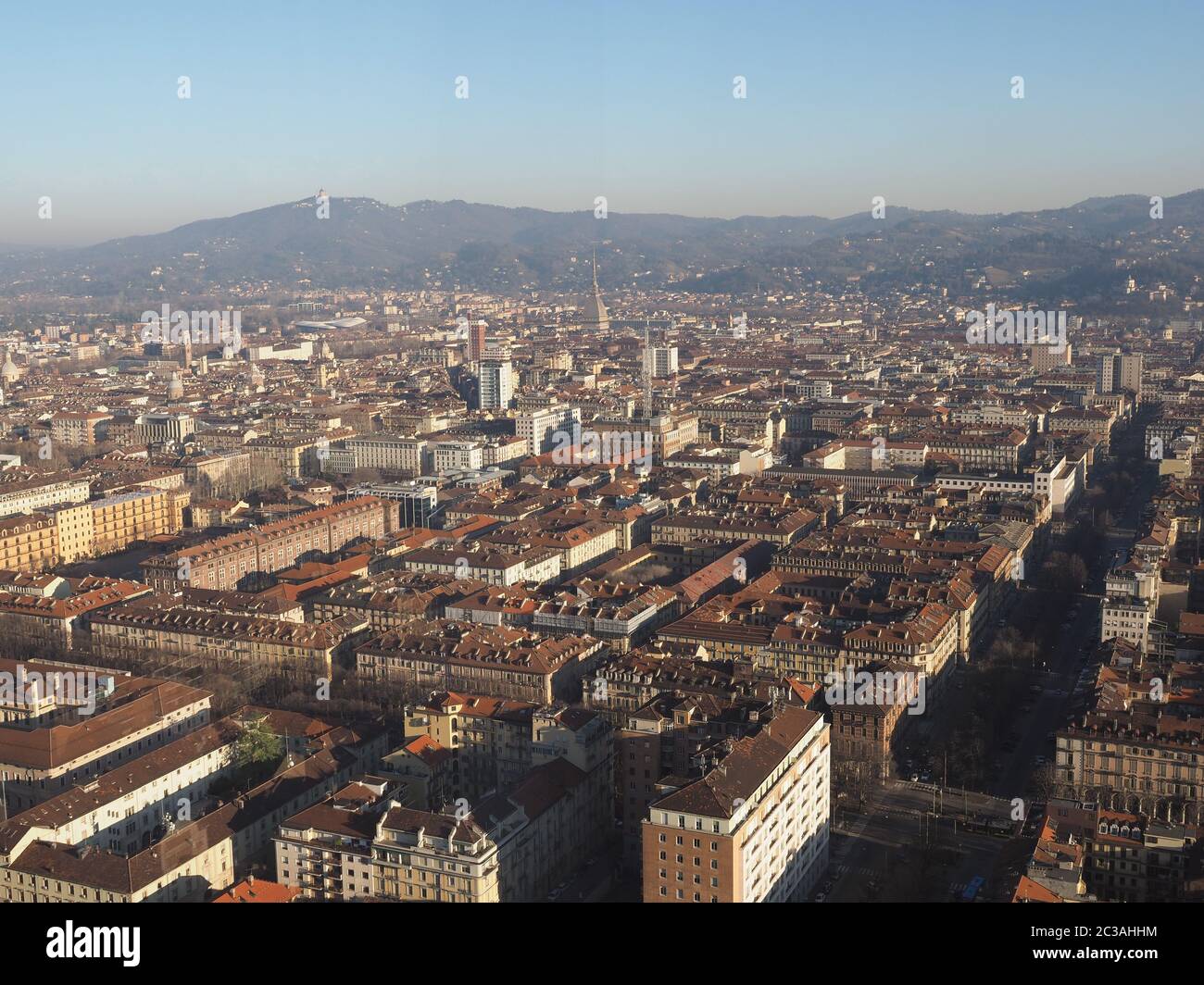 Aerial view of the city of Turin, Italy with Piazza Castello square ...