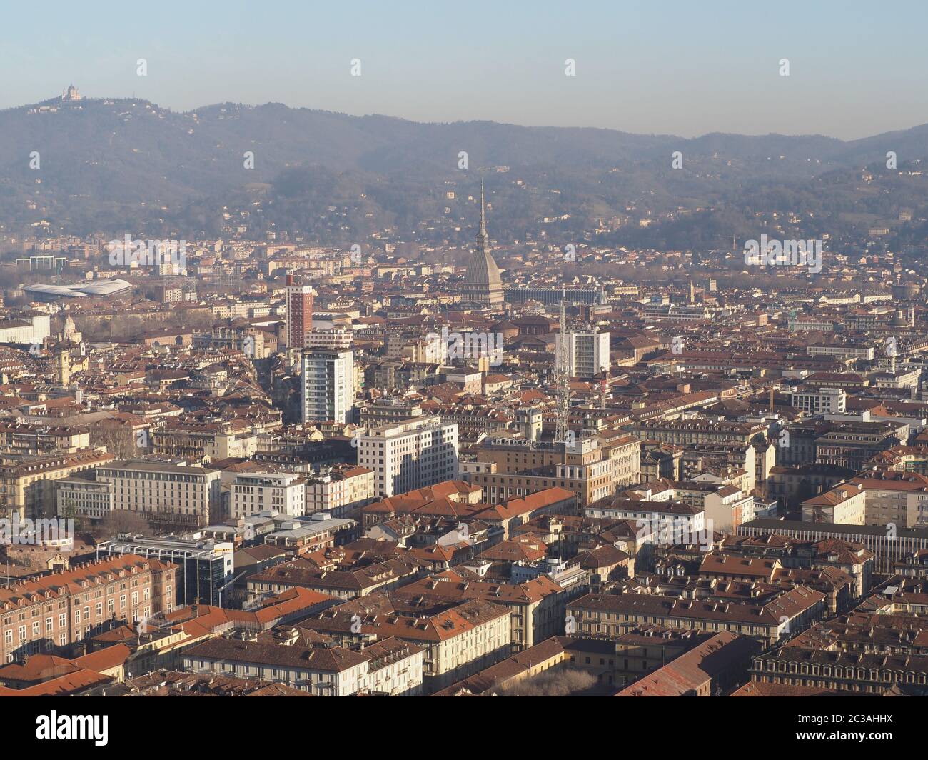 Aerial view of the city of Turin, Italy with Piazza Castello square ...