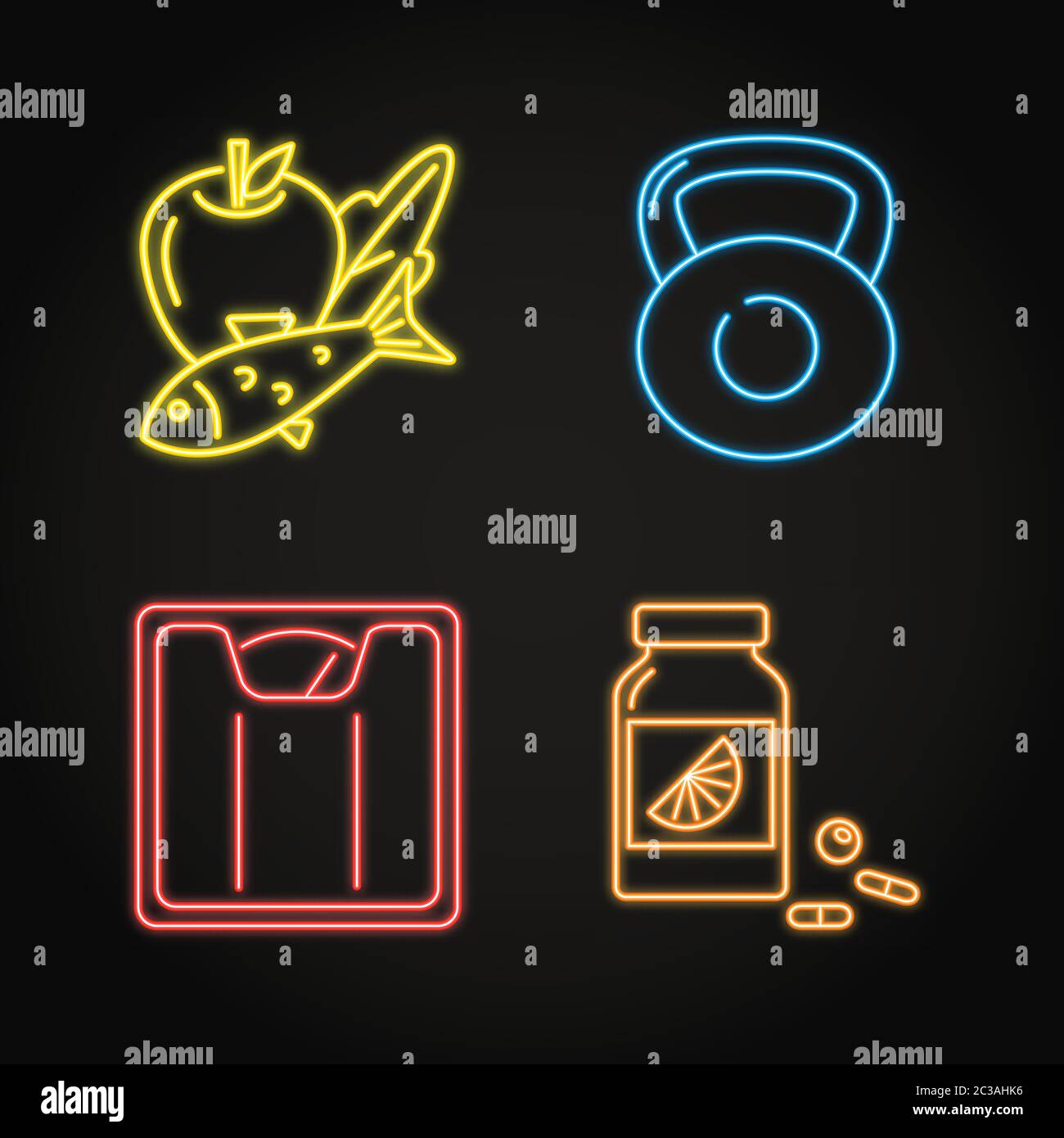 Healthy Lifestyle Concept Neon Icons Set Vector Illustration Stock