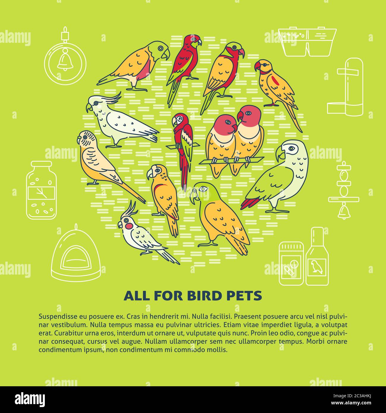 Pet shop round concept banner with parrot icons in line style. Tropical ...