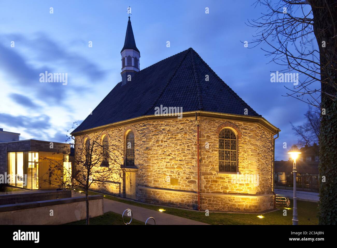 Illuminated church at the old market in the evening, Wattenscheid ...