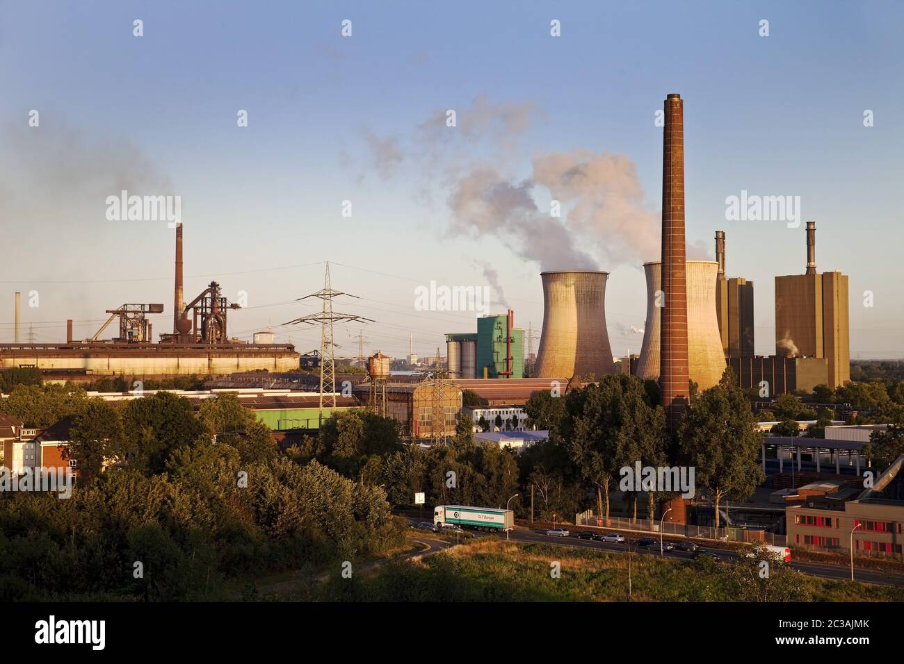 Industrial plant of Krupp Mannesmann at sunrise, Duisburg, Ruhr area ...