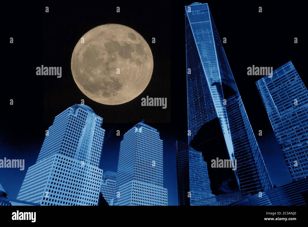 view of manhattan buildings with full moon Stock Photo - Alamy