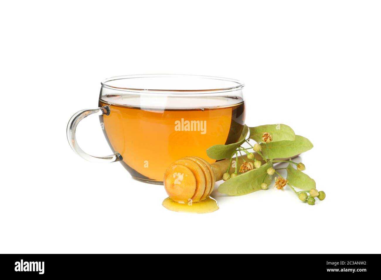 Cup of tea, wooden dipper with honey and linden isolated on white ...