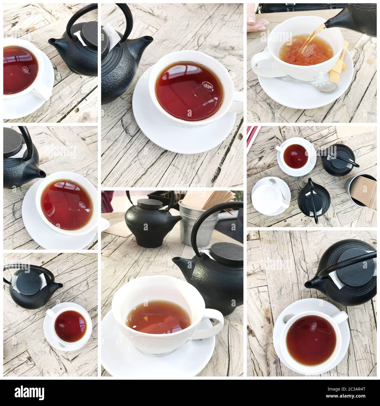 Teapot Pouring Drink In Cup On Table. Pouring Tea British Style. Kettle ...