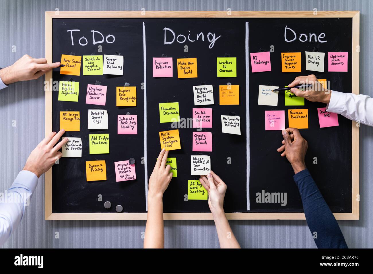 Group Of People Writing On Sticky Notes Attached To Blackboard In ...