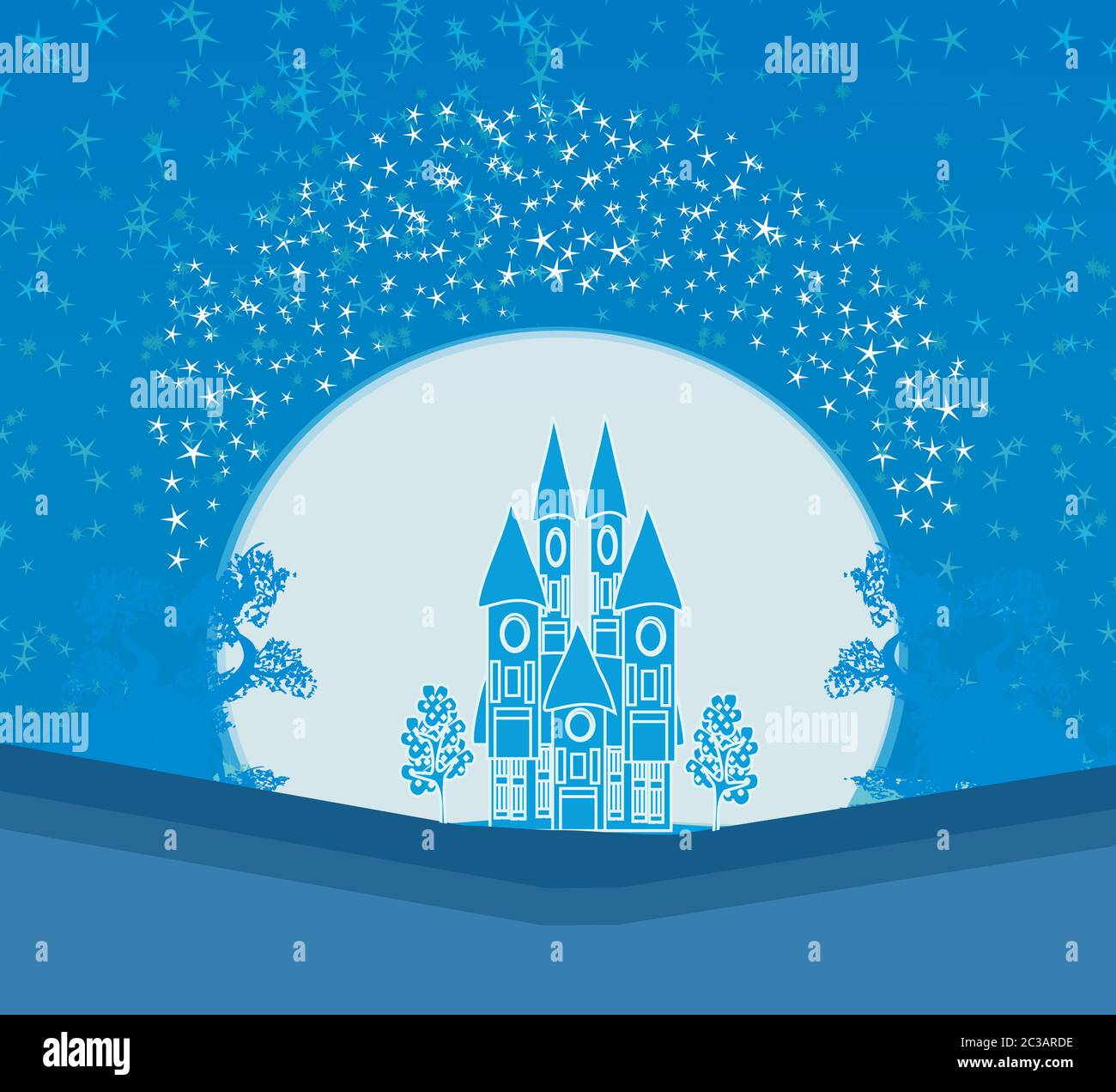 Abstract landscape with old castle, moonlit at night Stock Photo - Alamy