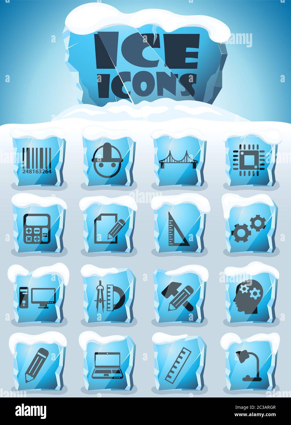 engineering vector icons frozen in transparent blocks of ice Stock ...