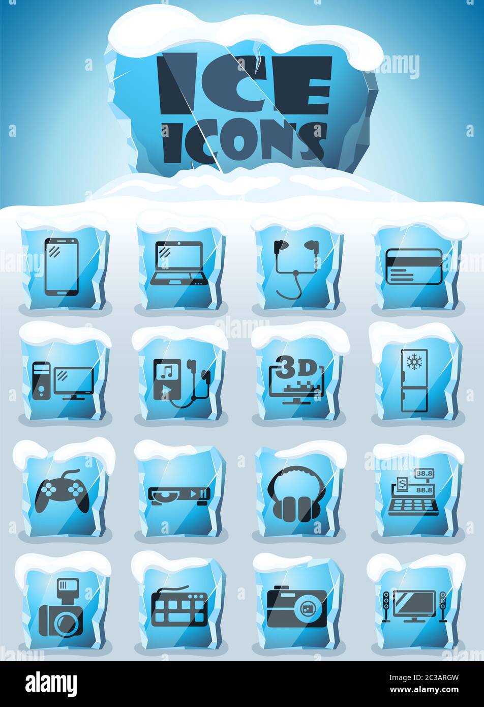 electronics supermarket vector icons frozen in transparent blocks of ...