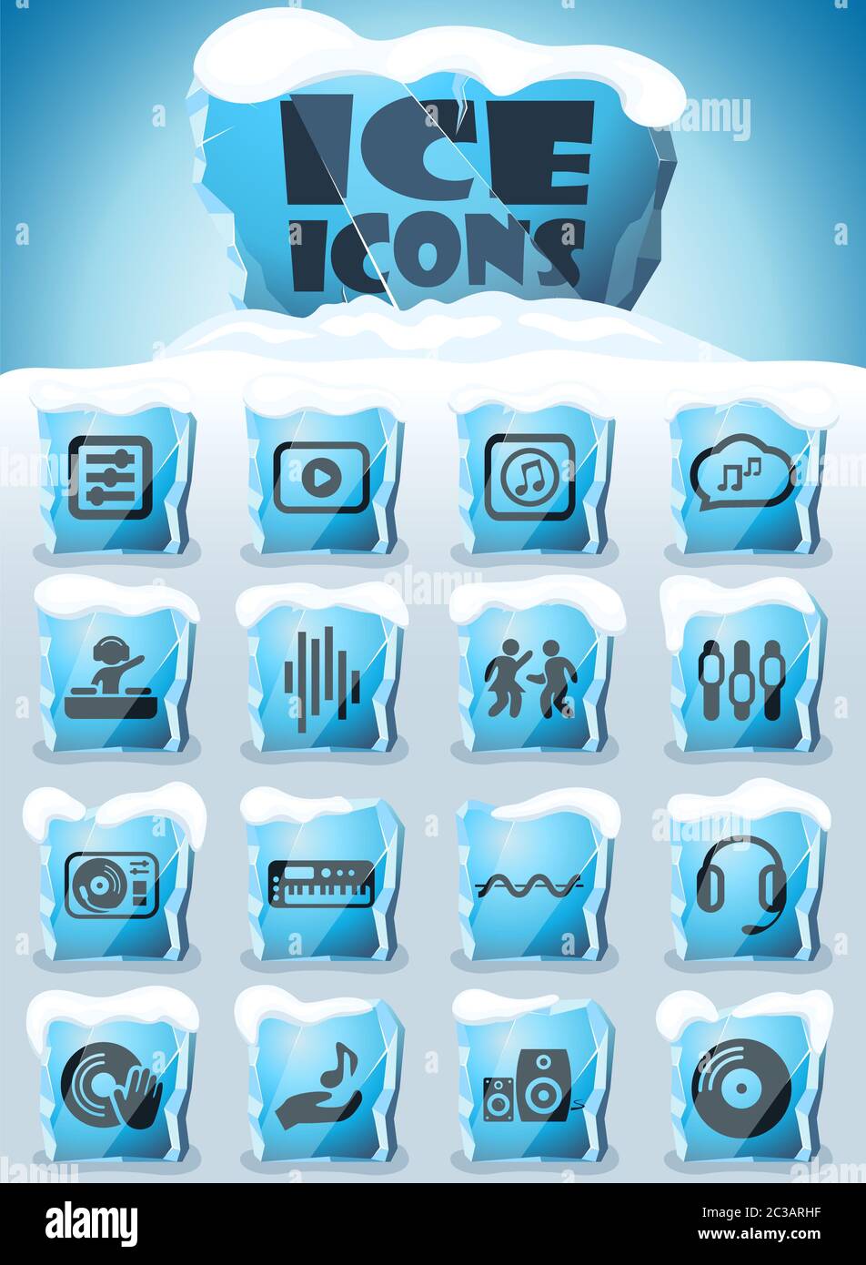 electro music vector icons frozen in transparent blocks of ice Stock ...