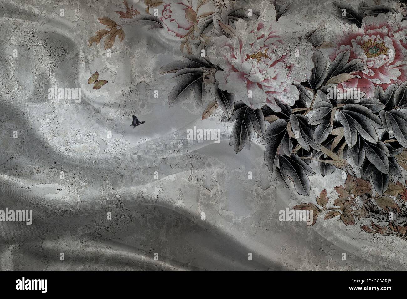 3d wallpaper, bouquet of roses on concrete wall textured background ...