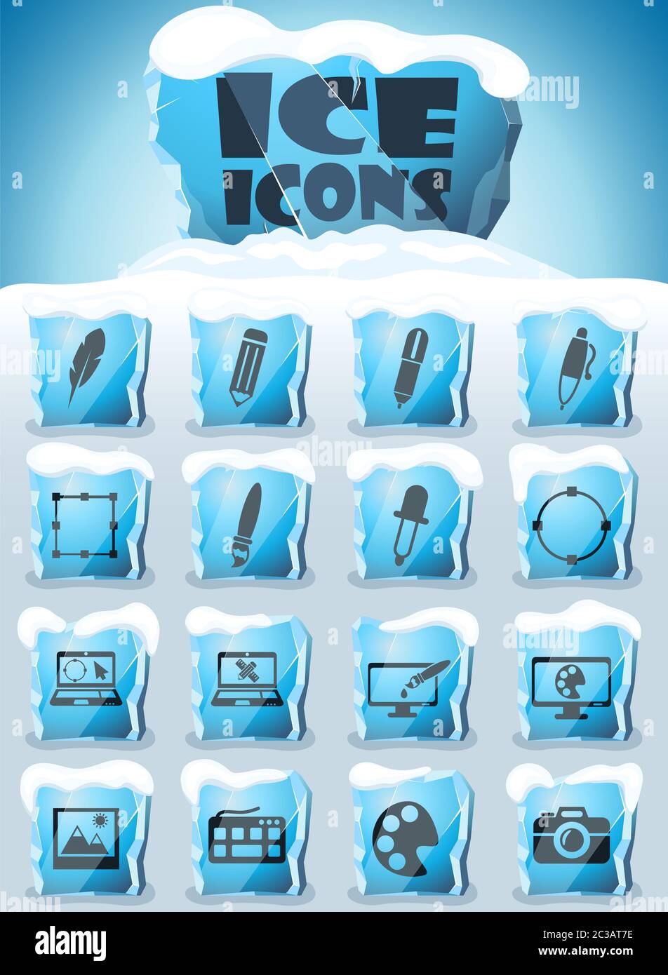 design vector icons frozen in transparent blocks of ice Stock Photo - Alamy