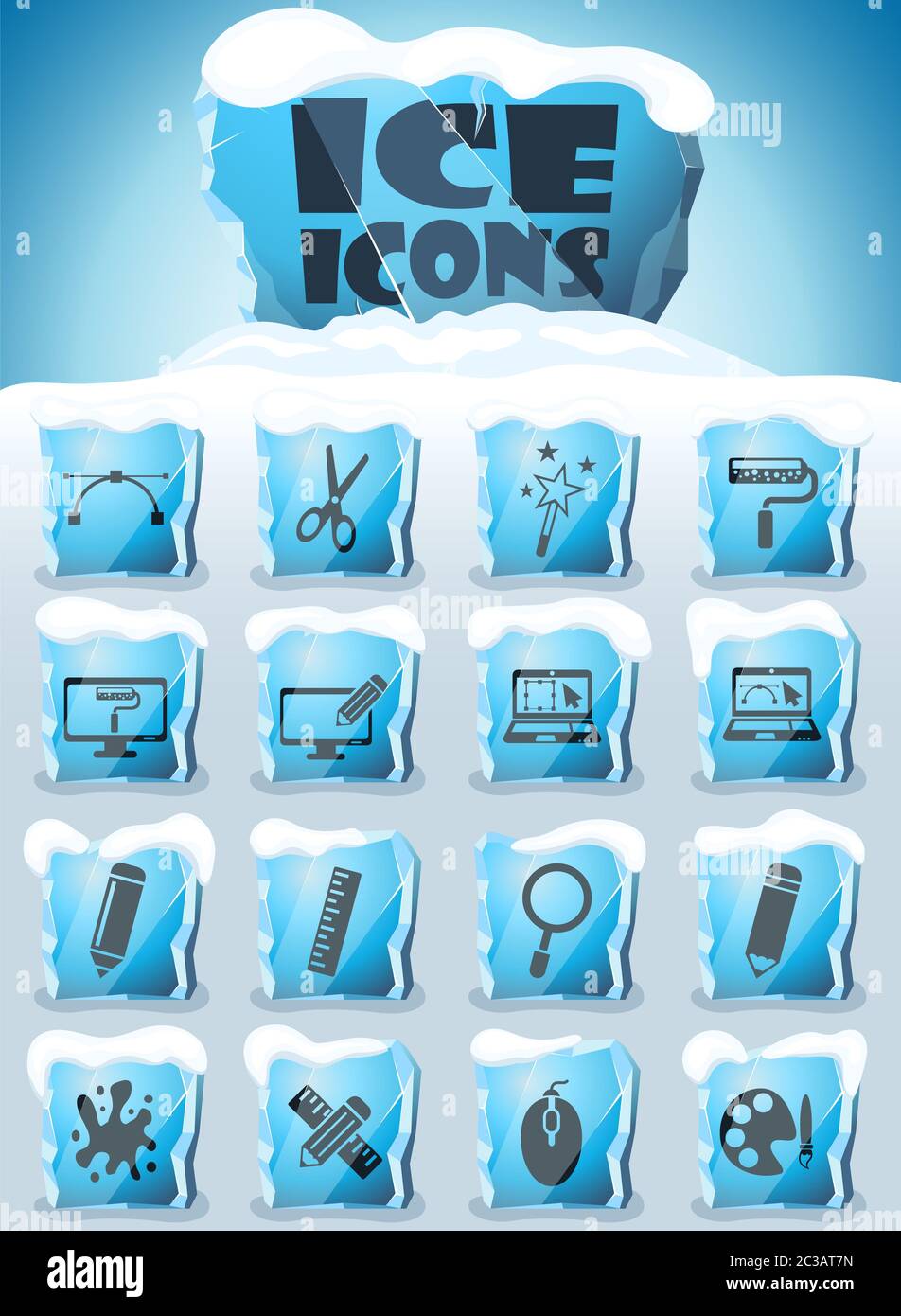 design vector icons frozen in transparent blocks of ice Stock Photo - Alamy