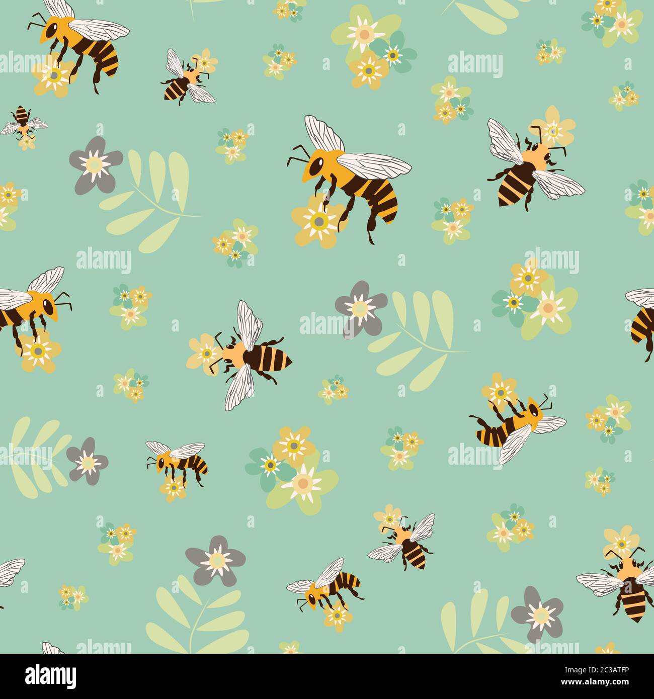 Vector honey bee and meadow flowers seamless pattern background. Retro ...