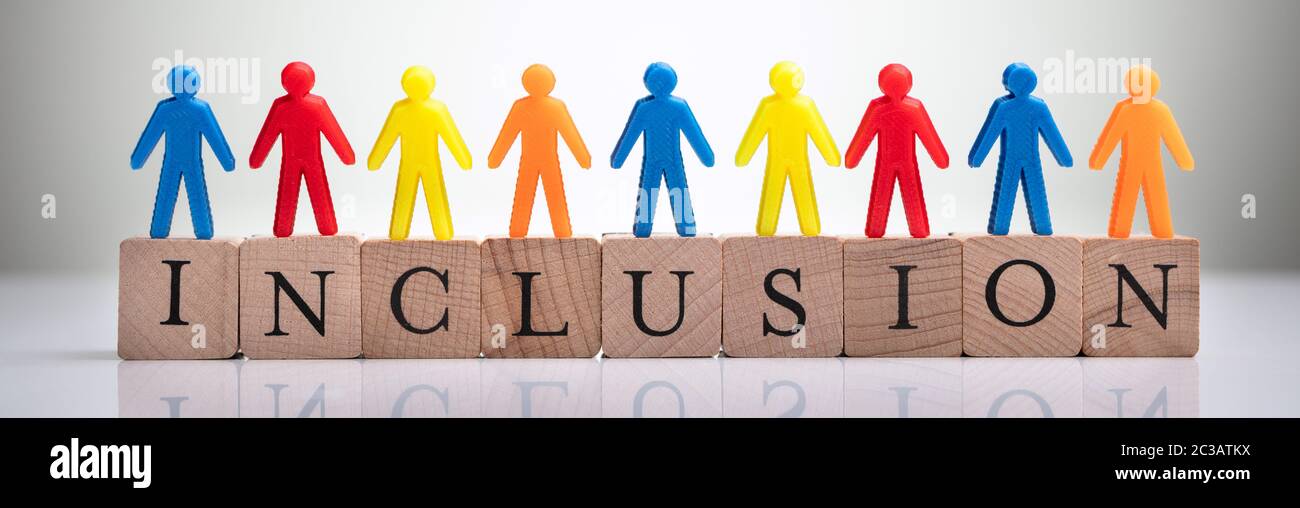 Human Figures Standing On Wooden Cubic Blocks With Inclusion Word Stock ...