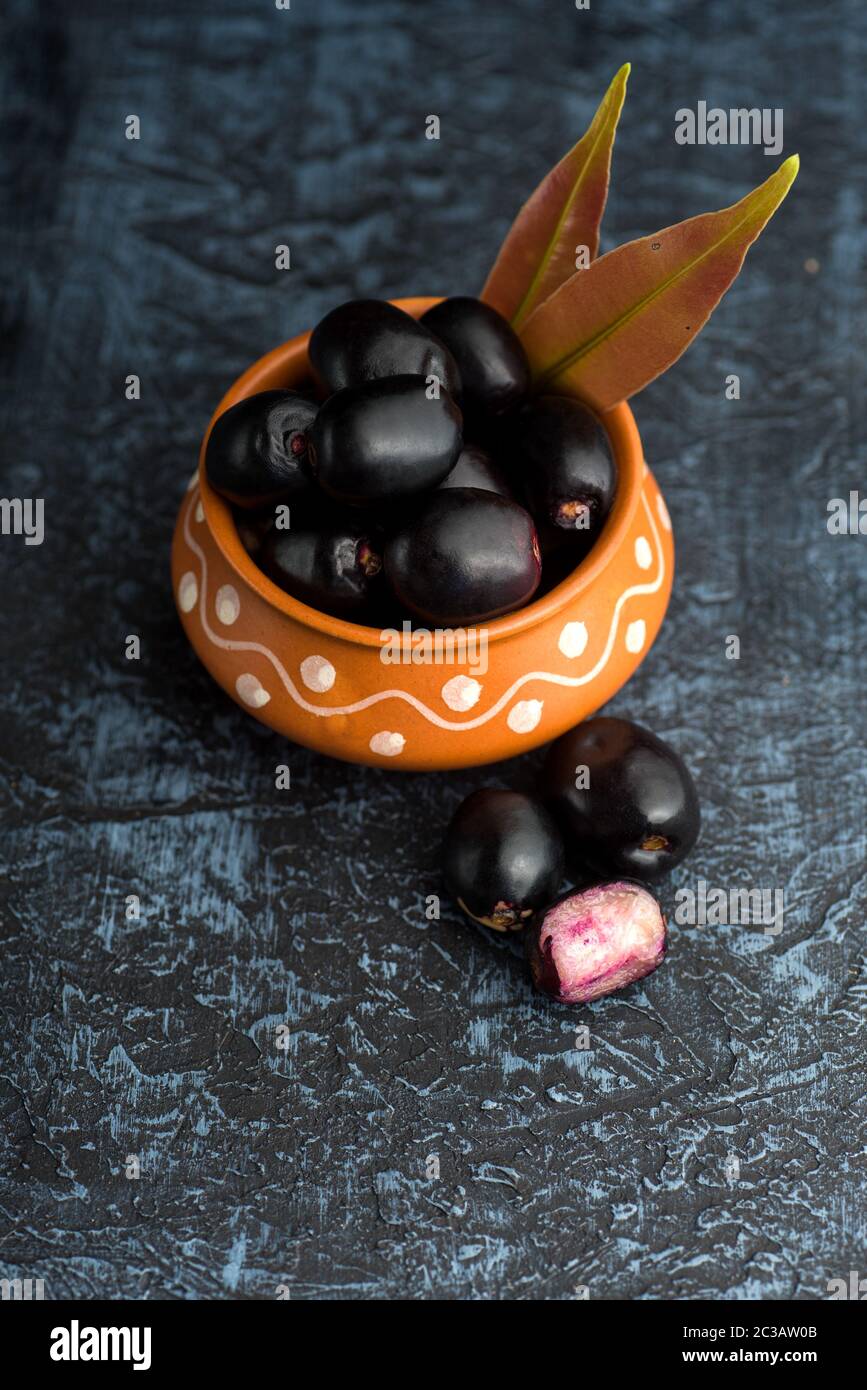 Jambolan plum or jambul or Jamun fruit, Java plum (Syzygium cumini ...