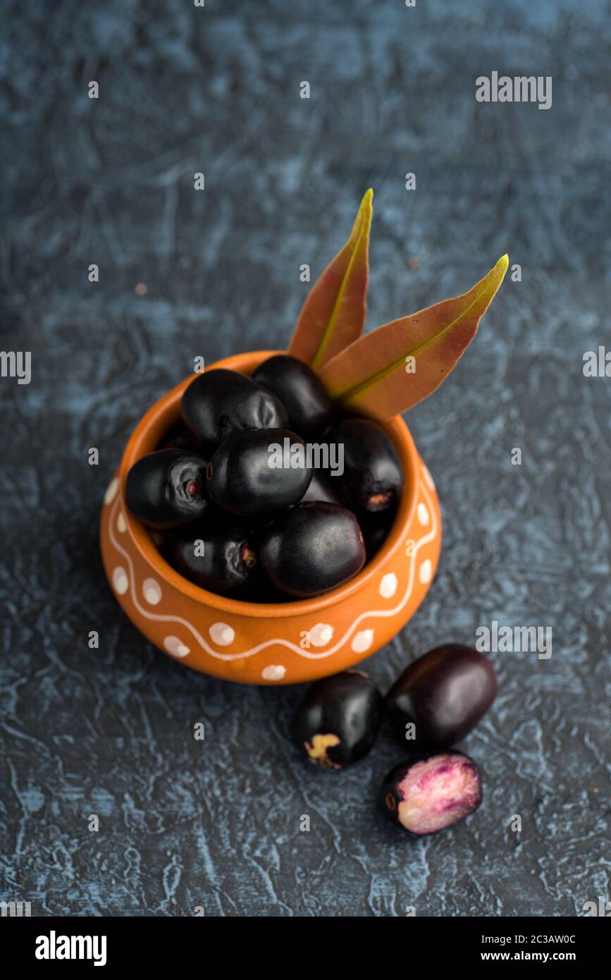 Jambolan plum or jambul or Jamun fruit, Java plum (Syzygium cumini ...