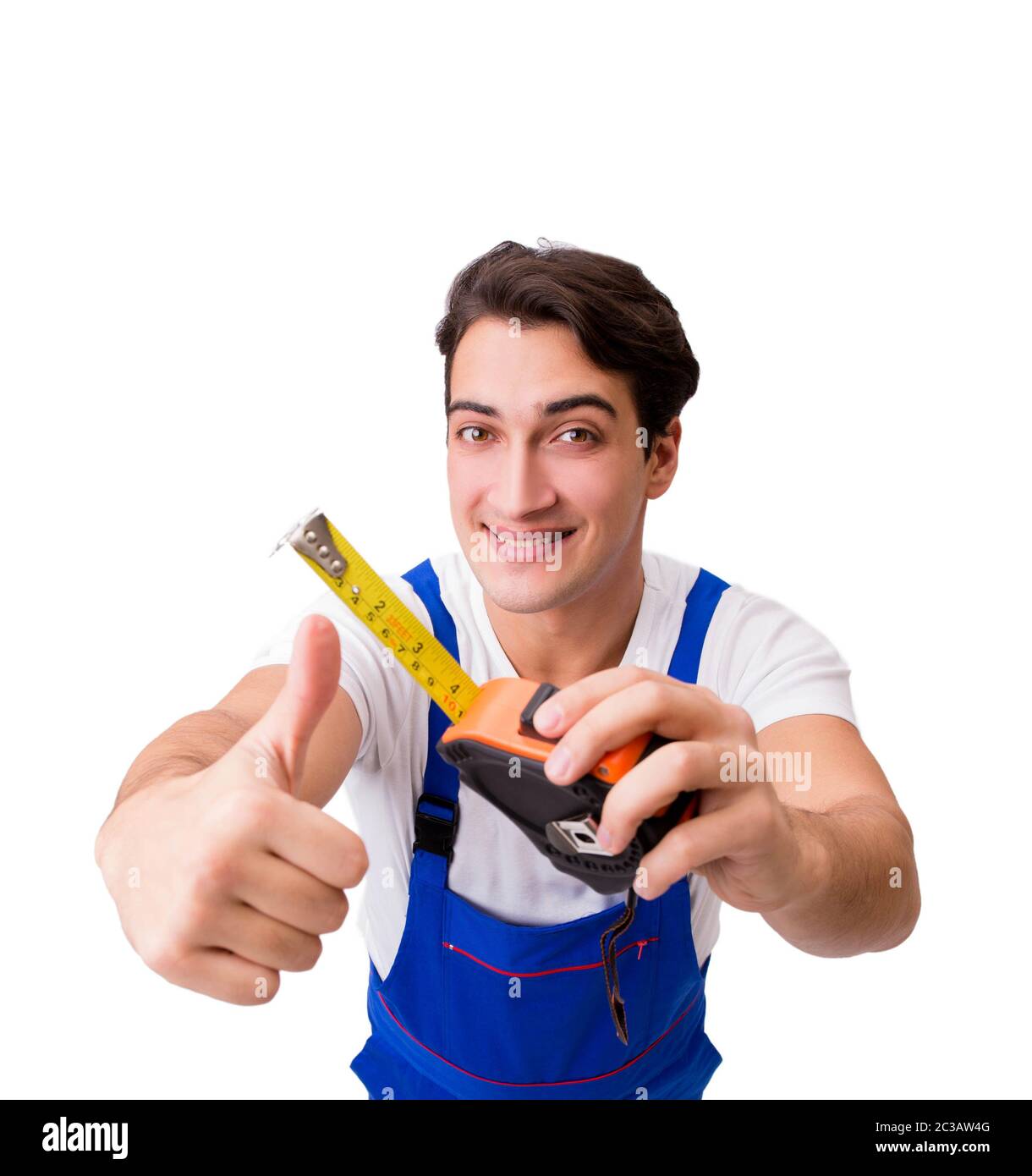 Man with tape measure isolated on white Stock Photo - Alamy