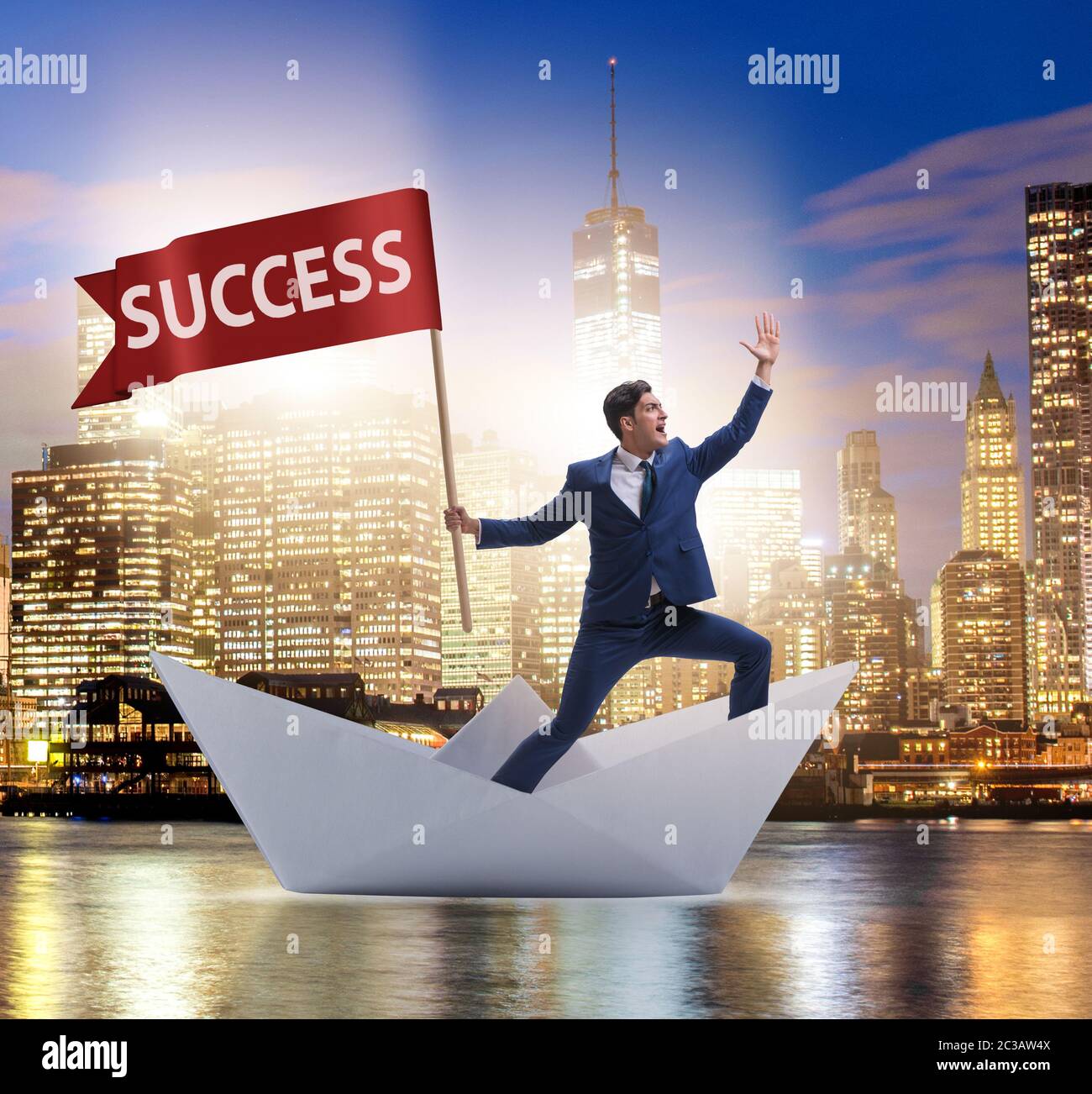 Businessman riding paper boat ship in success concept Stock Photo - Alamy