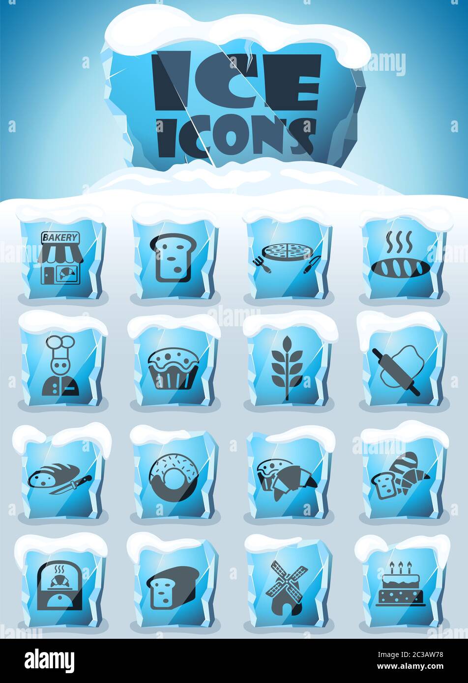 bakery vector icons frozen in transparent blocks of ice Stock Photo - Alamy