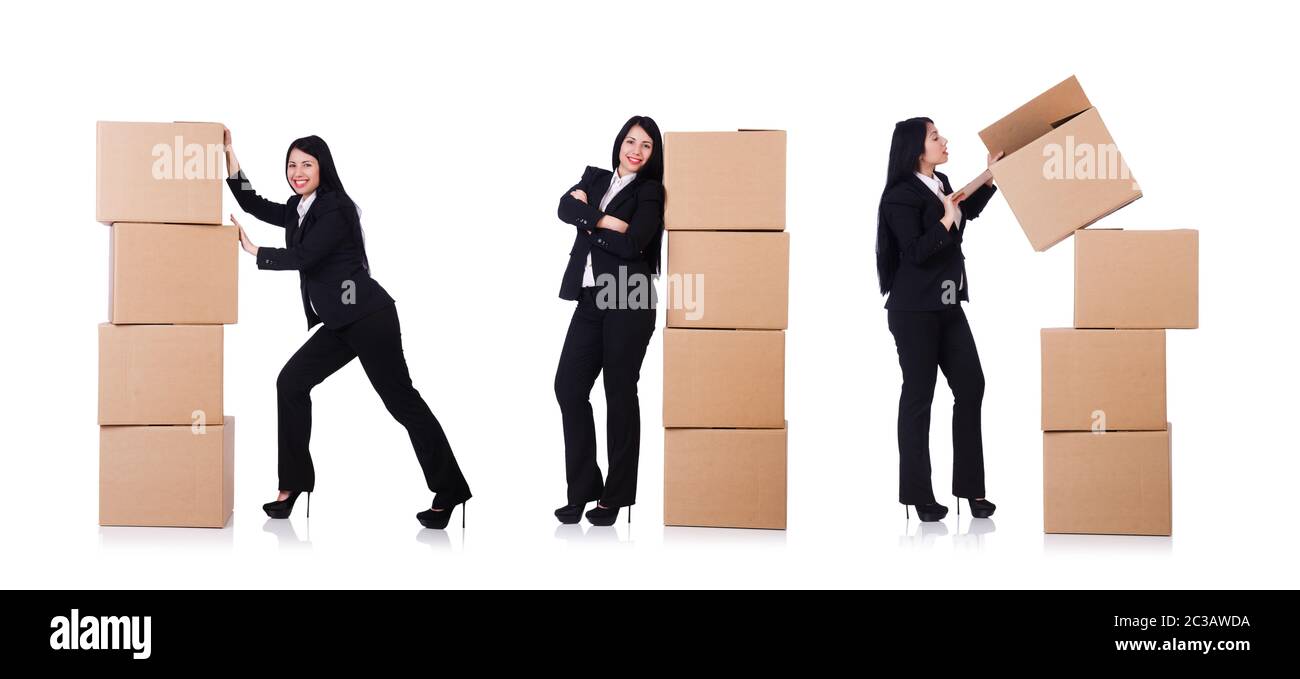 Woman with lots of boxes on white Stock Photo - Alamy