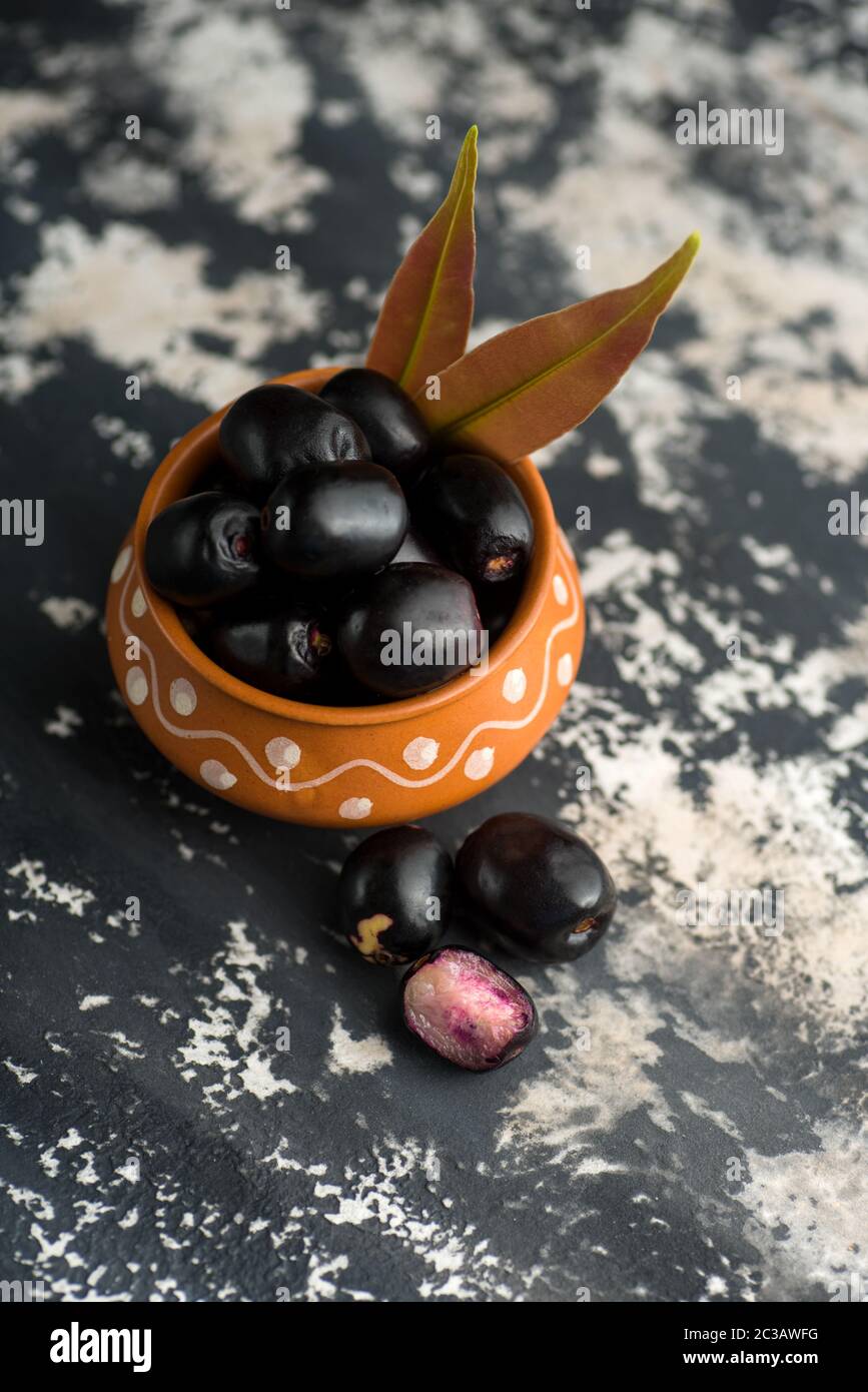 Jambolan plum or jambul or Jamun fruit, Java plum (Syzygium cumini ...