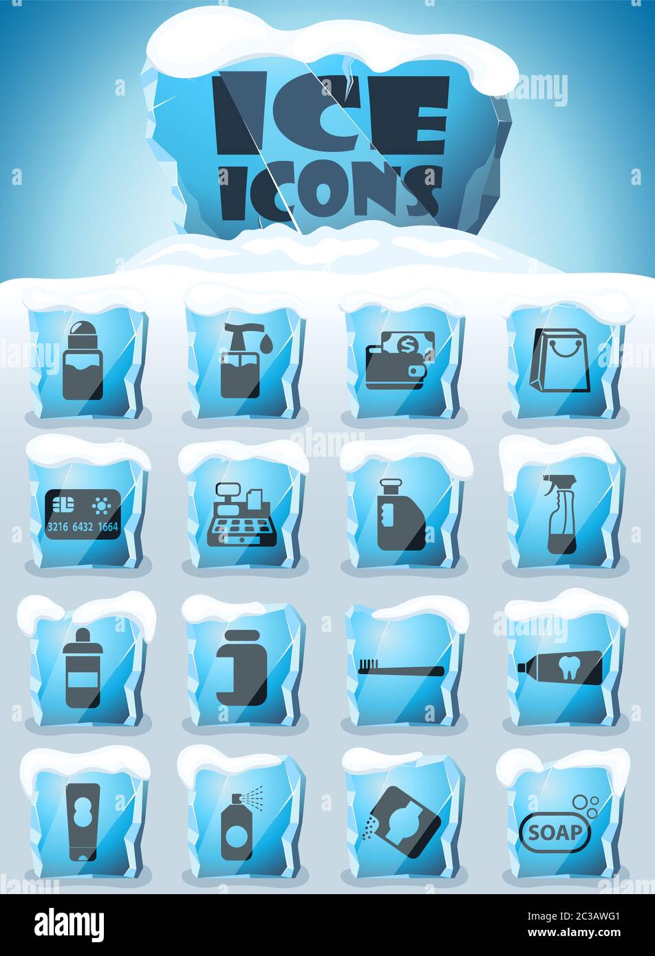 chemicals store vector icons frozen in transparent blocks of ice Stock ...