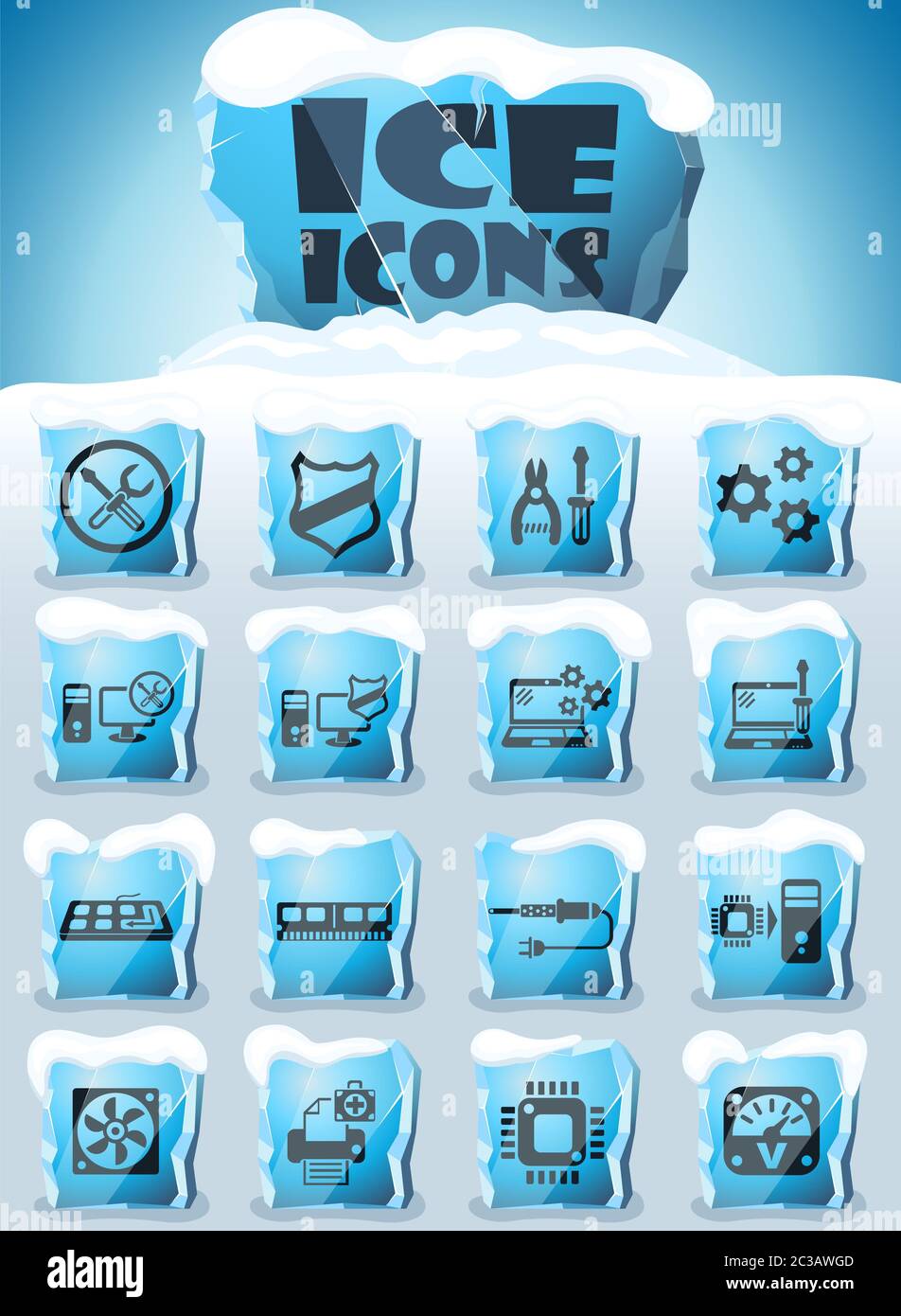 computer repair vector icons frozen in transparent blocks of ice Stock ...