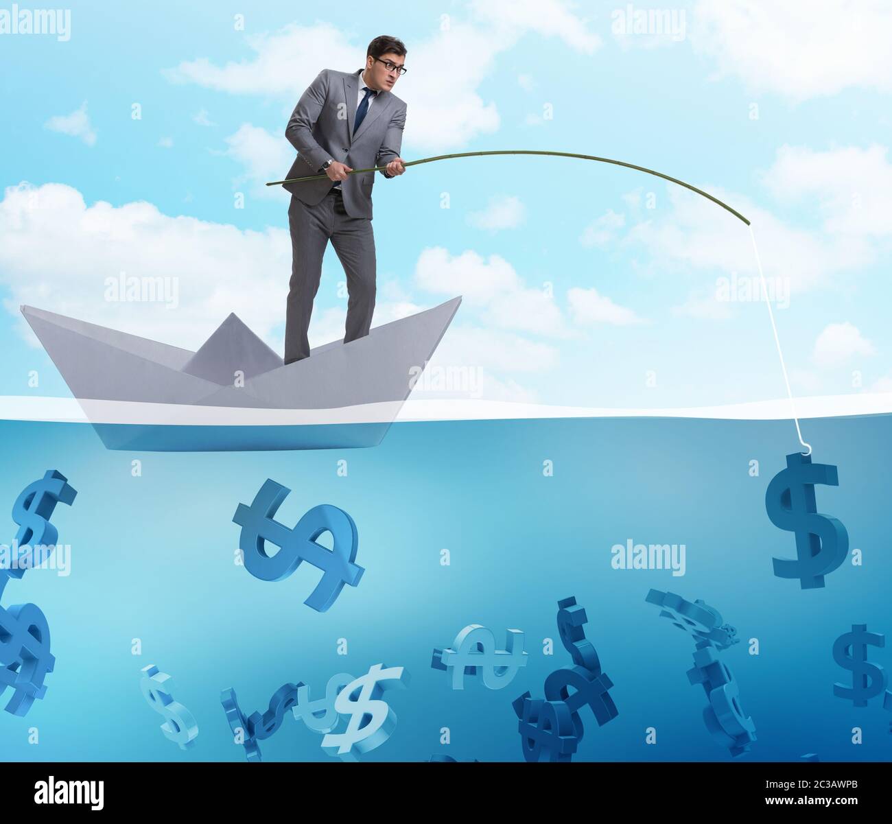 Businessman fishing dollars money from paper boat ship Stock Photo - Alamy