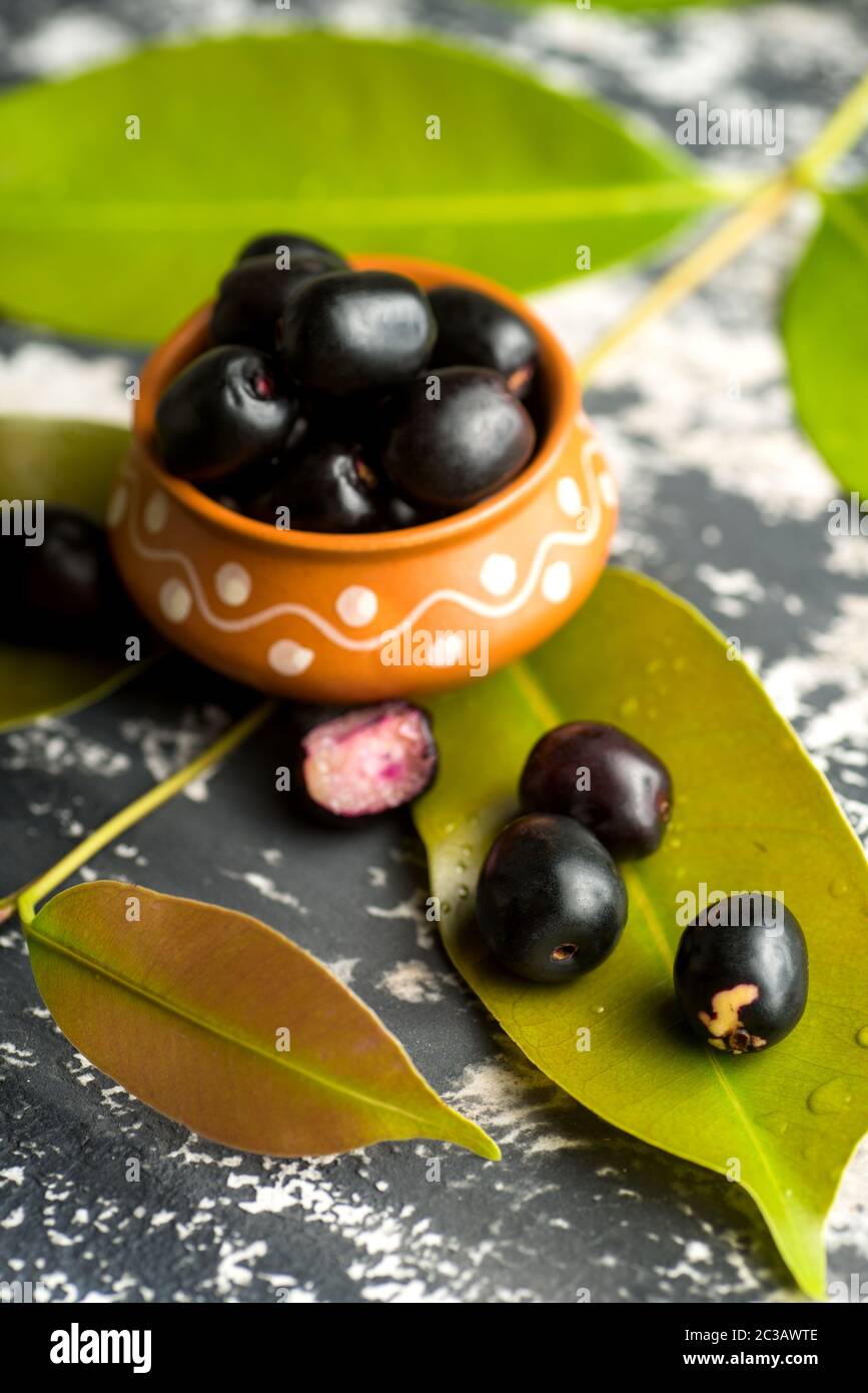 Jambolan plum or jambul or Jamun fruit, Java plum (Syzygium cumini ...