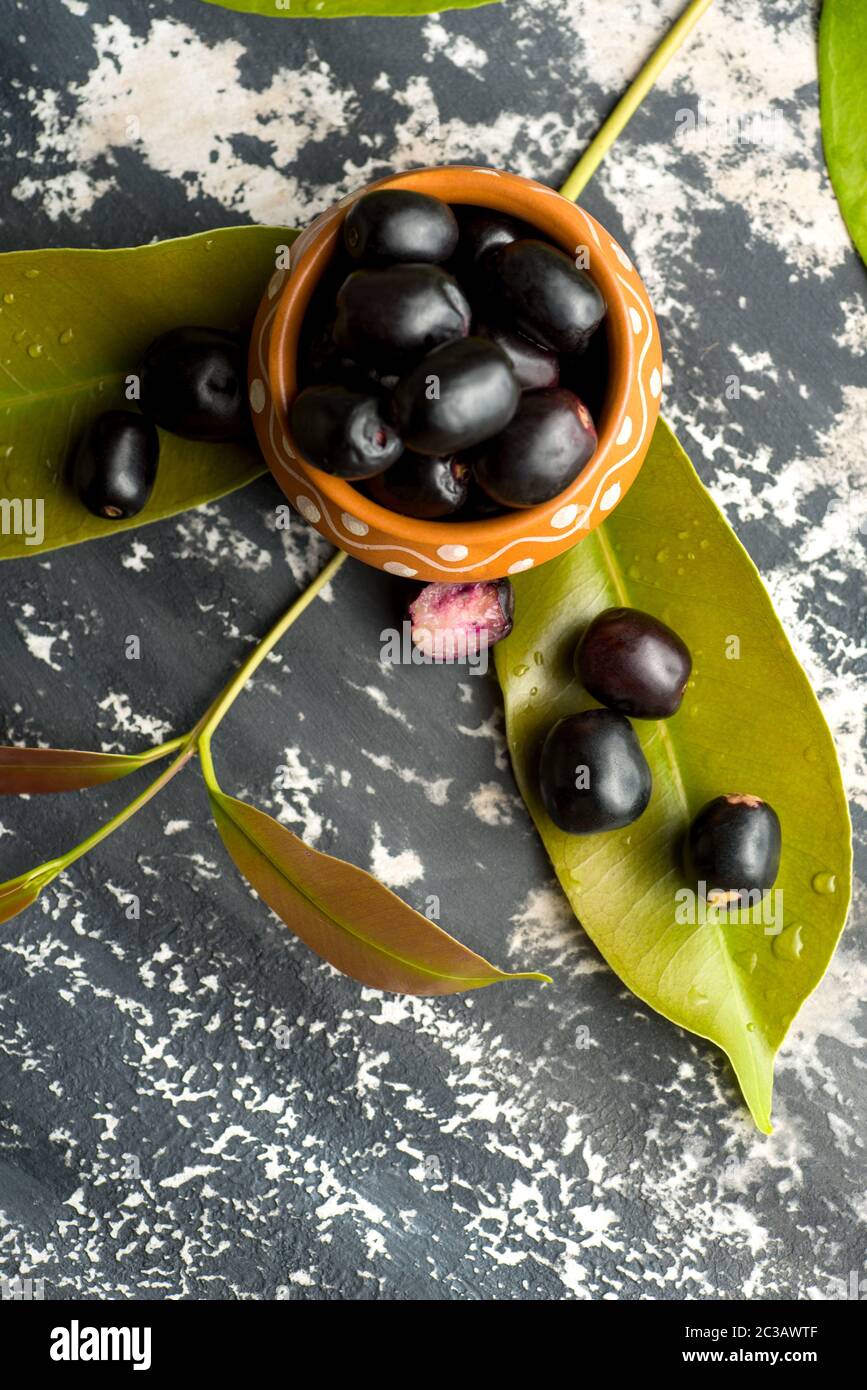Jambolan plum or jambul or Jamun fruit, Java plum (Syzygium cumini ...