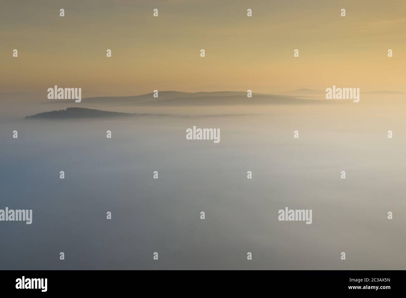 Aerial view of morning fog and sunrise in autumn Stock Photo - Alamy
