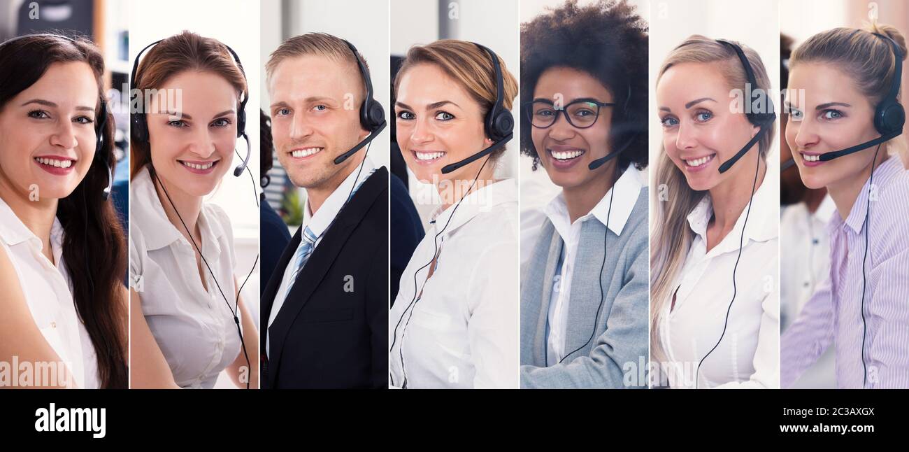 Call Center Support Workers Collage. Diverse Group Of People Portraits ...