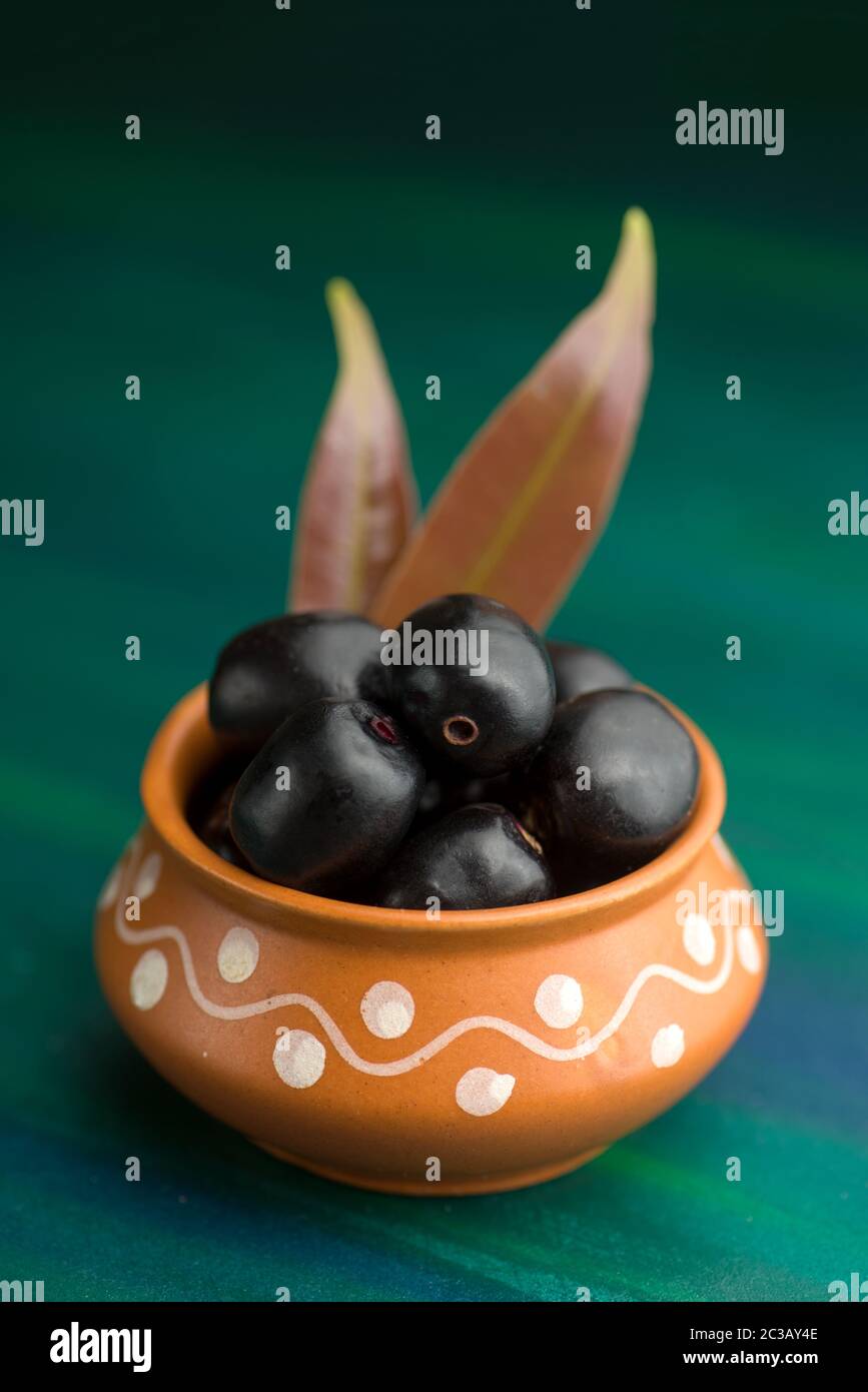 Jambolan plum or jambul or Jamun fruit, Java plum (Syzygium cumini) on ...