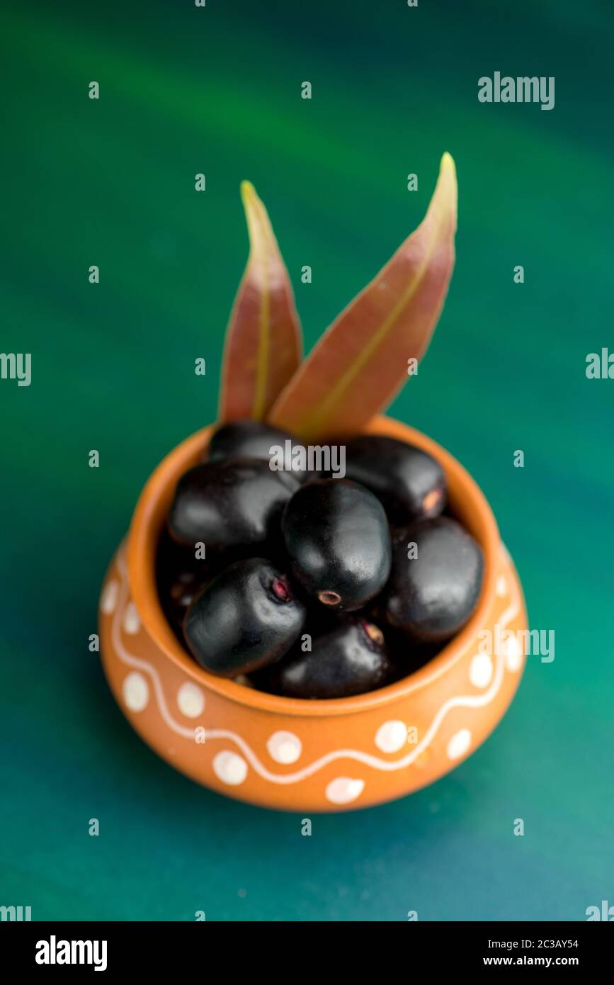 Jambolan plum or jambul or Jamun fruit, Java plum (Syzygium cumini) on ...