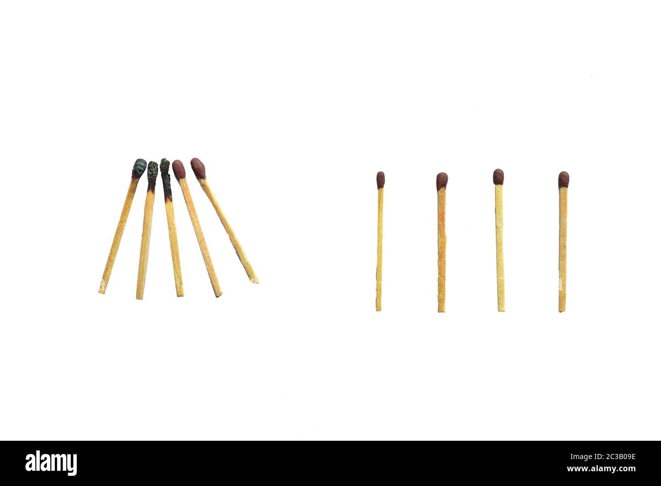 Burnt matches and whole matches on white background. The spread of fire ...