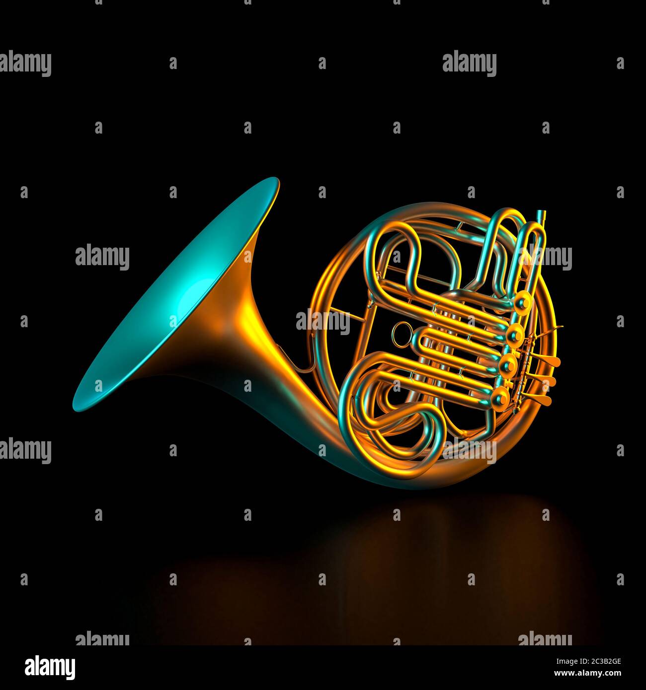 metal horn on a black background and colored lights. 3d render image ...