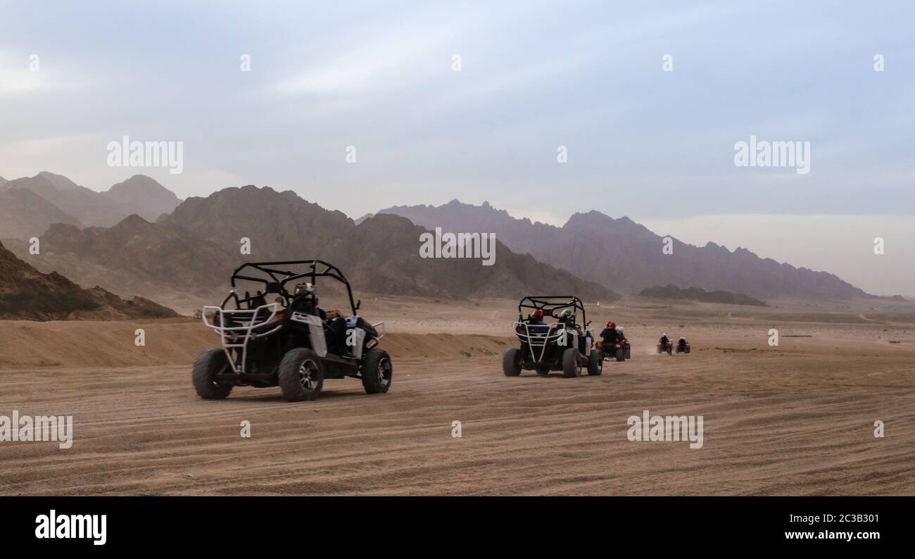 trip of tourists to the desert on the offroad buggy in Egypt Stock ...