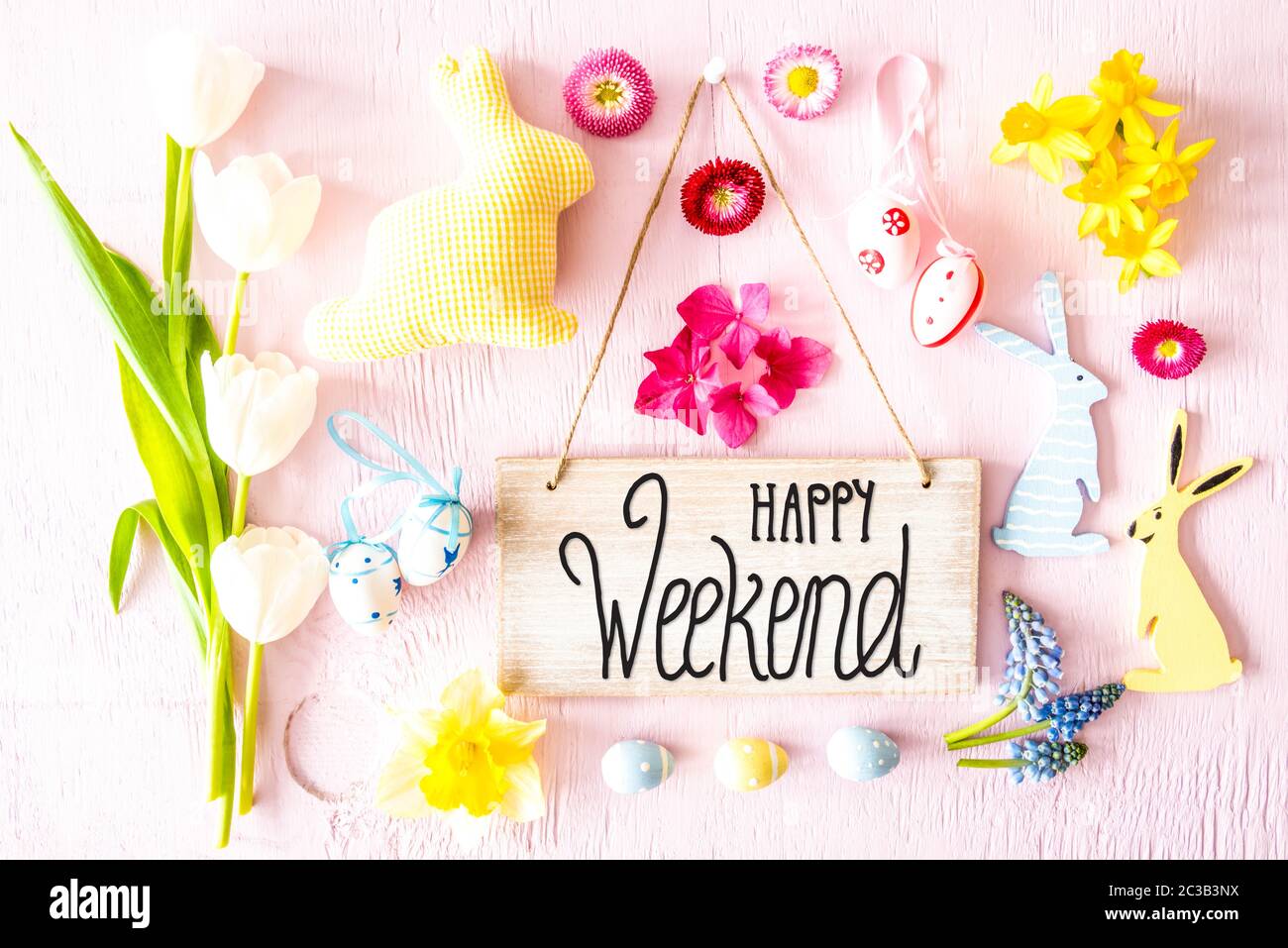 Rustic Wooden Sign With English Calligraphy Happy Weekend. Sunny Flat ...