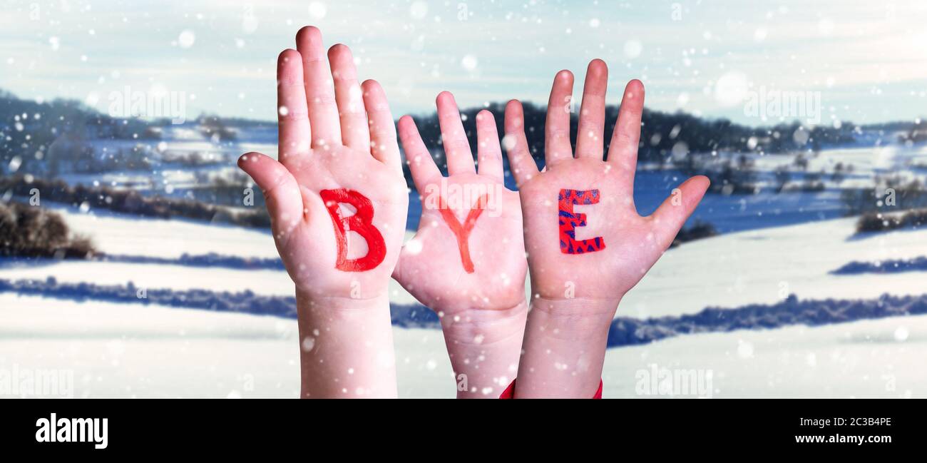 Children Hands Building Colorful Word Bye. Snowy Winter Background With ...