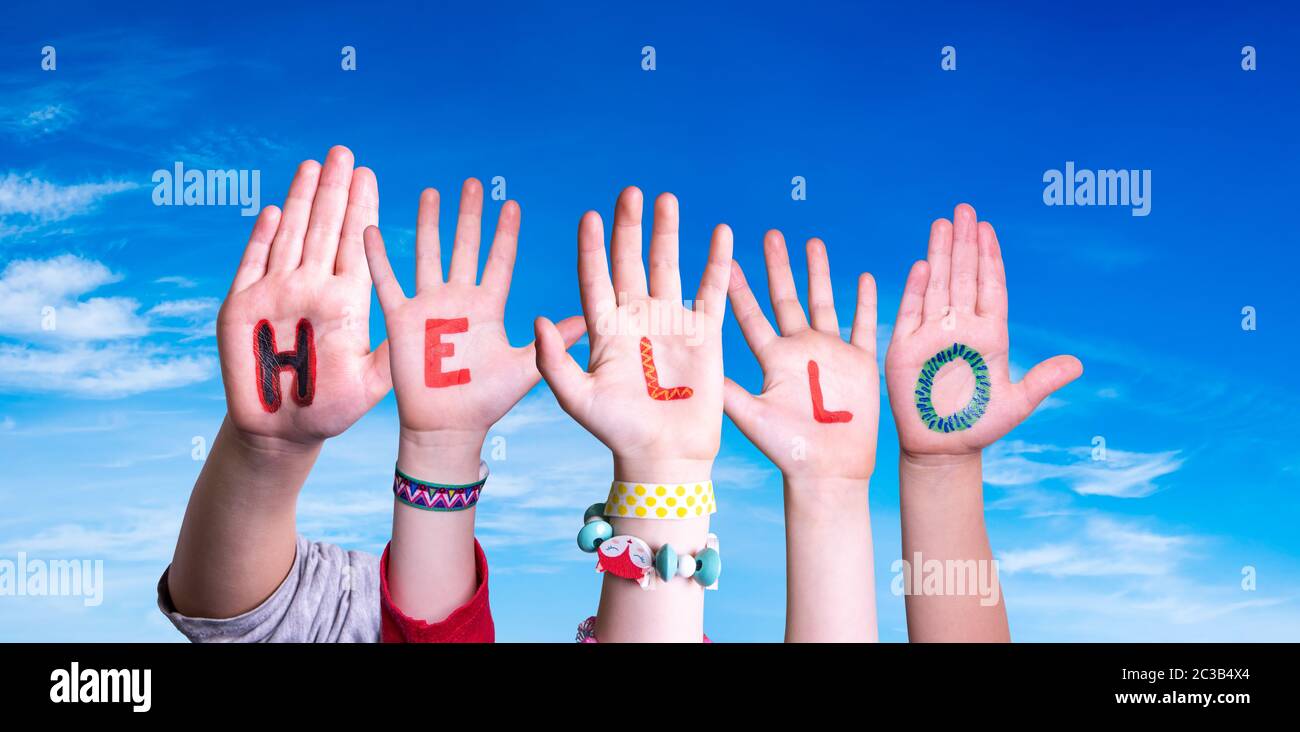 Children Hands Building Colorful Word Hello. Blue Sky As Background ...