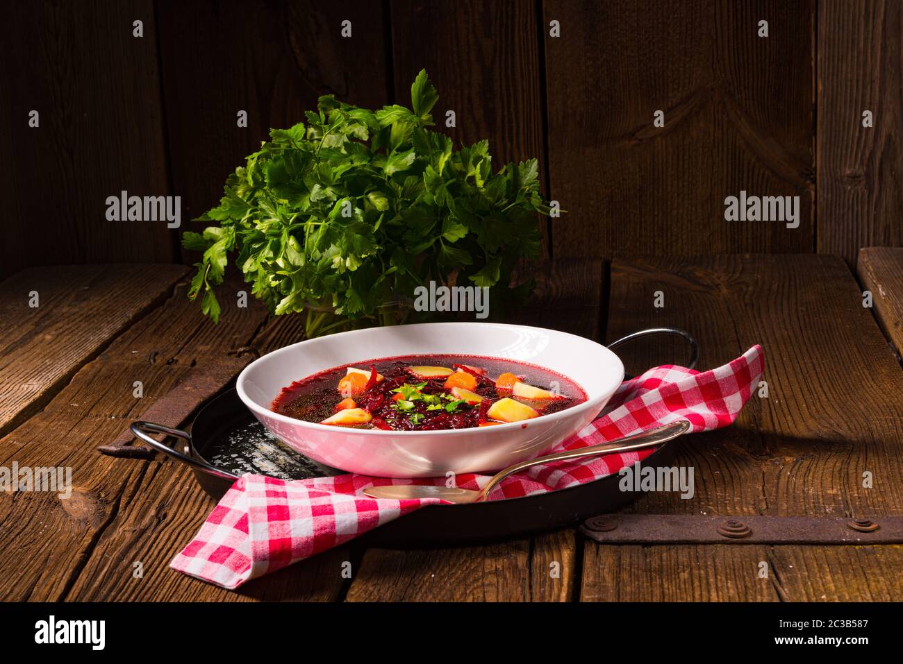 Delicious beetroot borscht with egg Stock Photo - Alamy