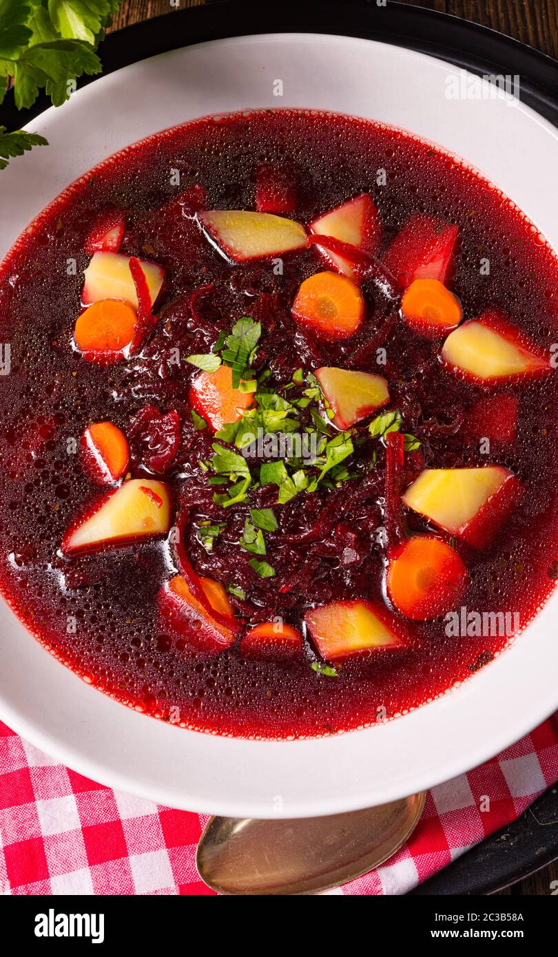 Delicious beetroot borscht with egg Stock Photo - Alamy